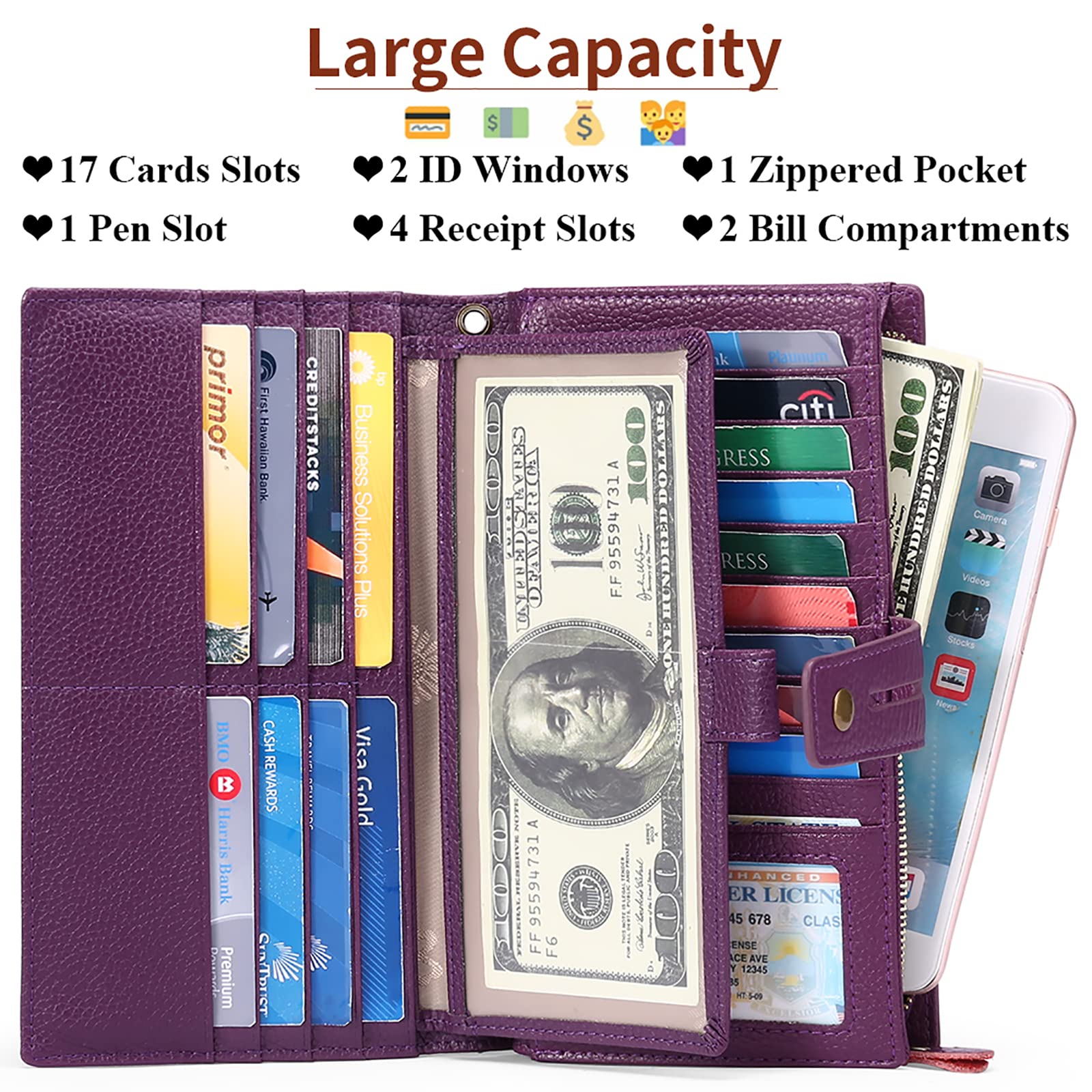 SENDEFN Women's Wallet Large Capacity RFID Blocking Leather Wallets Credit Cards Organizer with Checkbook Holder