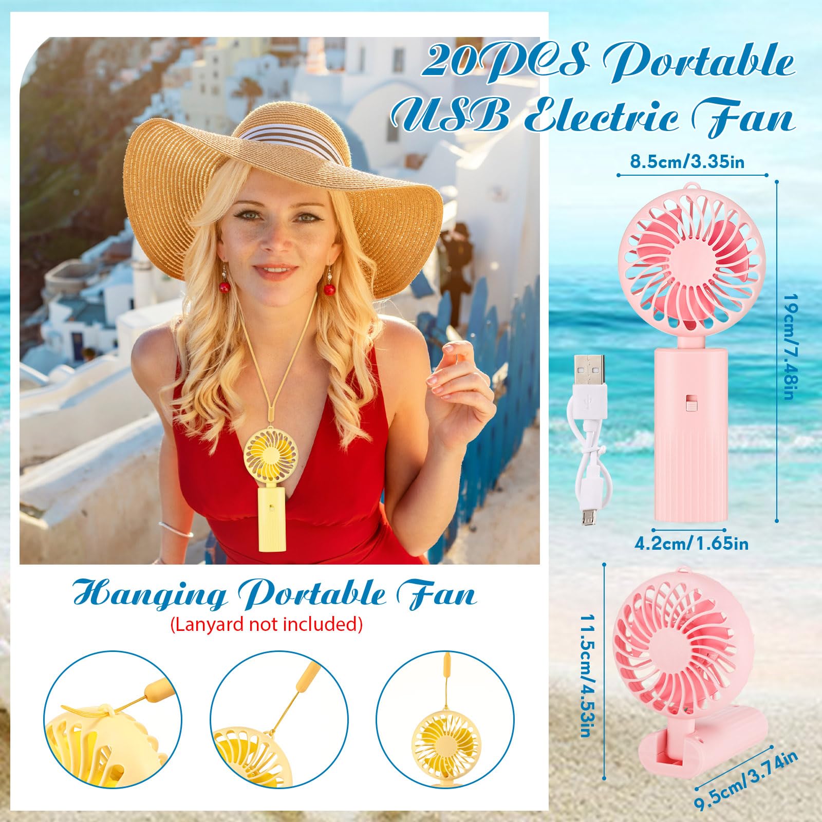 Woanger Mini Handheld Folding Fan Bulk USB Desk Fan Battery Operated Fans with Data Cable Hanging Foldable Desk Fan Small Rechargeable Pocket Fan Portable USB Electric Fan (20 Pcs)