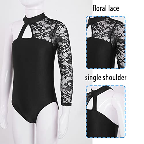 TiaoBug Girls Open Back Long Sleeve Gymnastics Leotard Off-Shoulder Turtle Neck Ballet Dance Leotard Bodysuit Activewear Black B 6