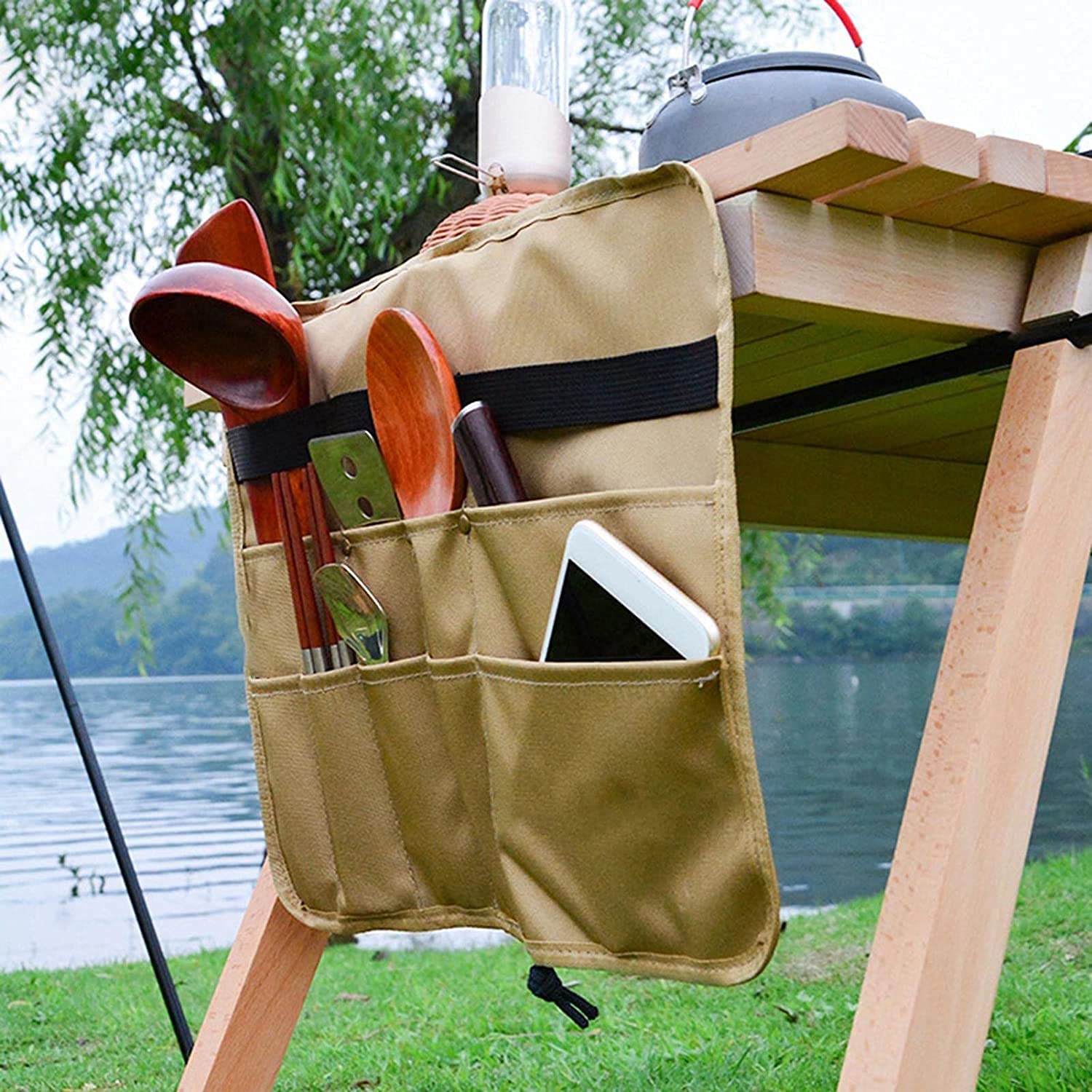 PWPAM Camping Tableware Storage Bag Picnic Cutlery Organizer Bag Cooking Utensils Hanging Bag (Square)
