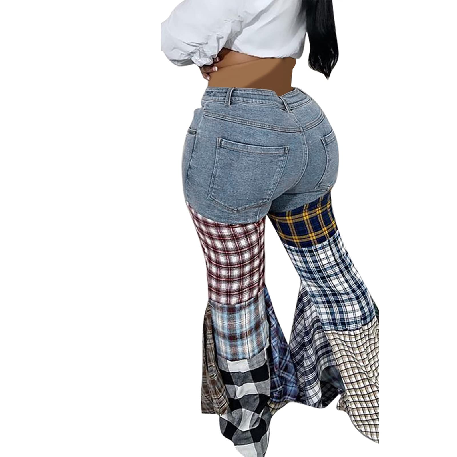 Women Patchwork Flared Jeans Trendy Plaid Splicing Bell Bottom Denim Pants Stylish High Wasit Cowboy Wide Leg Trousers Blue