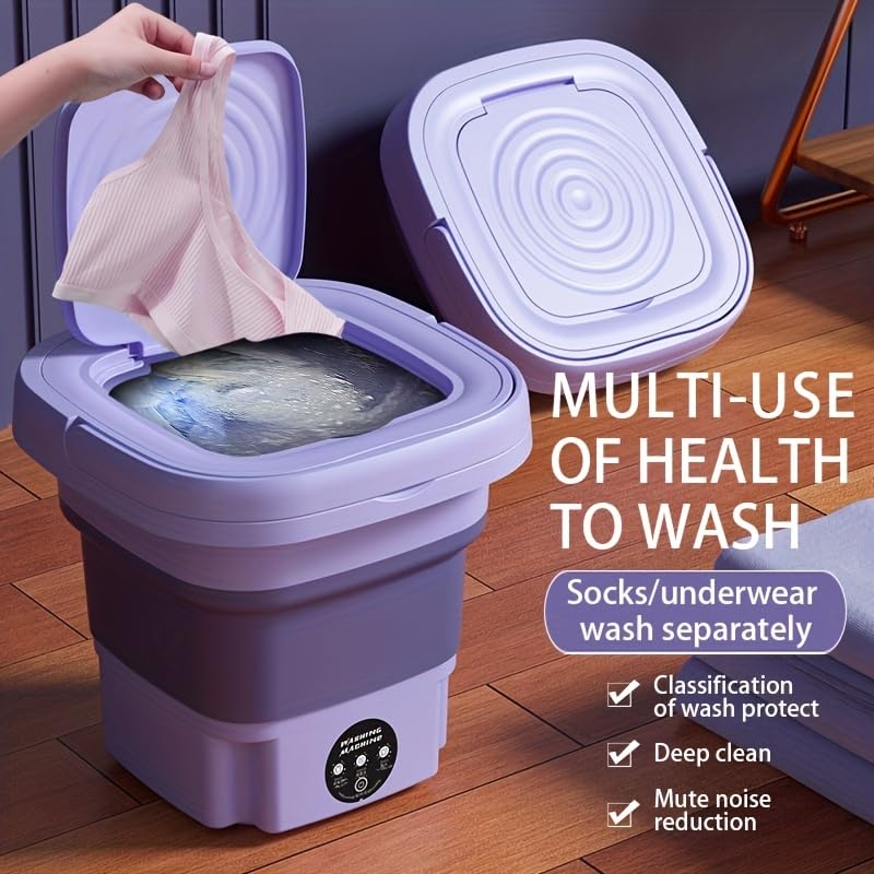 Portable 8L Washing Machine for Camping, Travel, and Home Use - Perfect for Washing Underwear, Bras, Socks, and More (Purple)