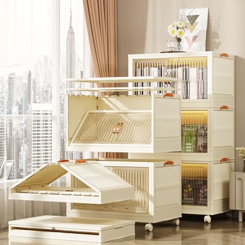pupustar Storage Bins with Lids and Doors, Plastic Stackable Storage Bins Open Front, Foldable Storage Boxes for Organizing, Collapsible Storage Bins with Wheels, Opening Storage Boxes Set