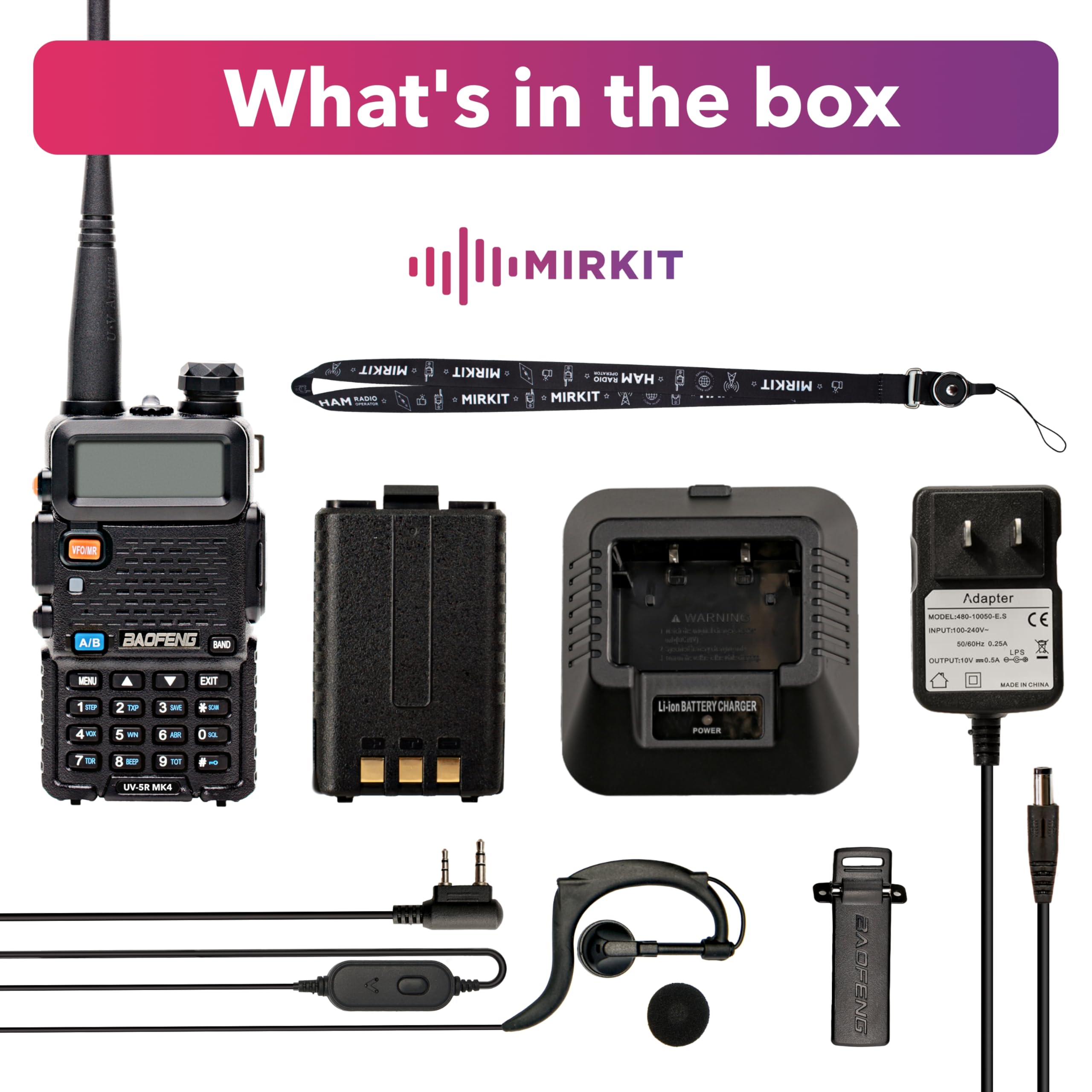 Mirkit Baofeng UV-5R MK4 8W Max Power 2024 Two Way Radio VHF/UHF 144-148/420-450 mhz Ham Radio with 1800 mAh Baofeng Battery, Mirkit Software & Lanyard for Walkie Talkie