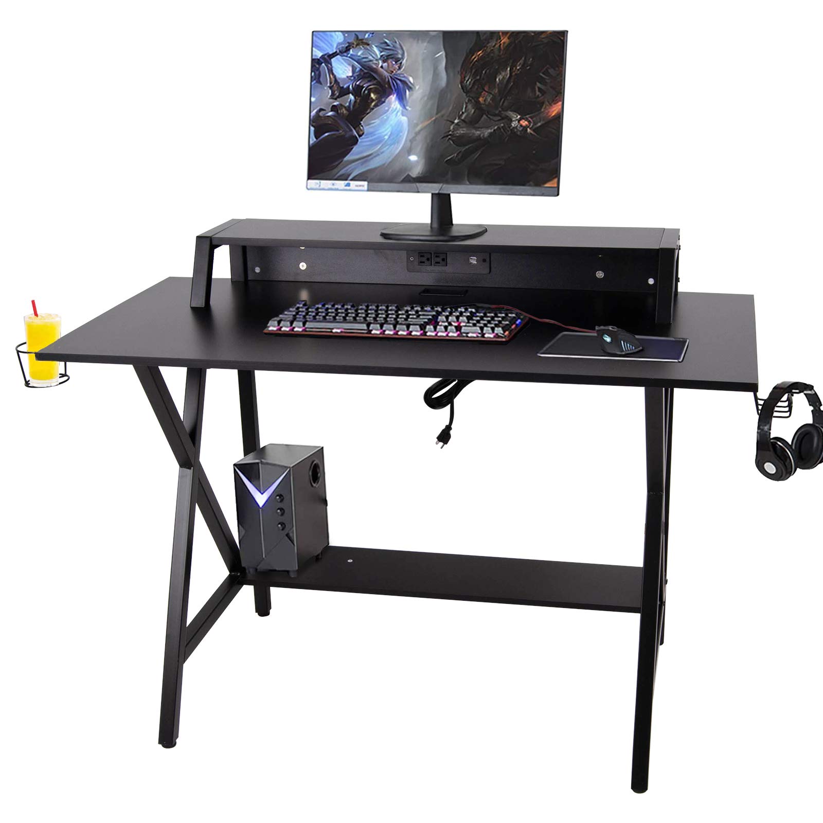 Polar Aurora X-Shaped Gaming Desk 47.5" W x 23.5" D Home Office Computer Table, Black Gamer Workstation w/a Monitor Stand, Cable Management Hole and Built-in Multi-Function Socket(Blue)