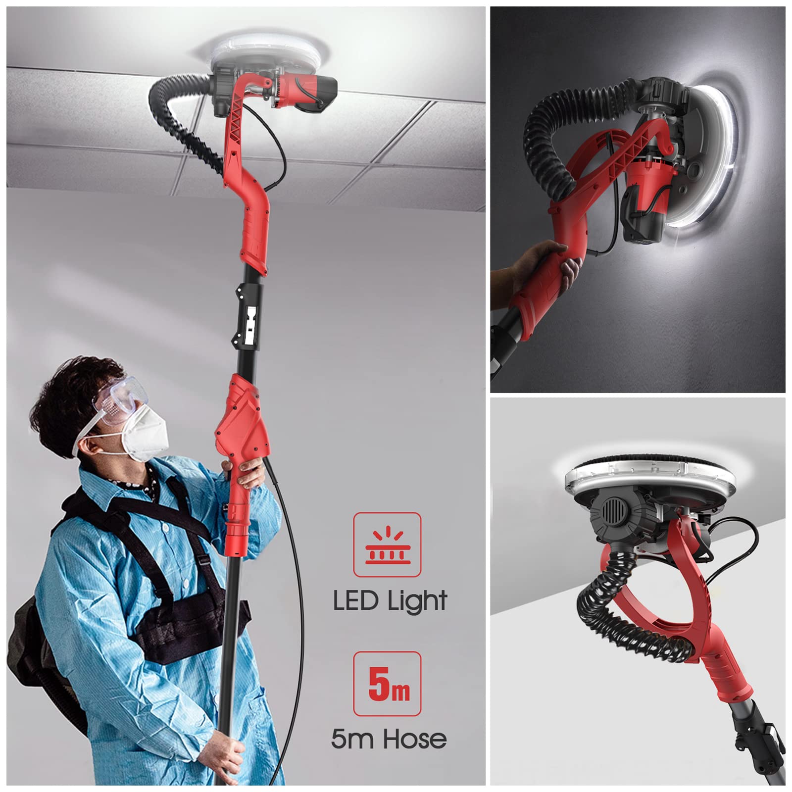 Vistreck Drywall Sander, 750W Electric Drywall Sander With Vacuum & 14Pcs Sanding Discs, 6 Variable Speeds 1000-1850RPM, Foldable has Dust Bag, LED Light, Power Disc Sanders With Carrying Bag