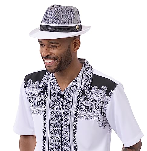 MONTIQUE Men's Braided Pinch Fedora Hat - Fashion Fedoras for Men H-22 (White & Black Medium)