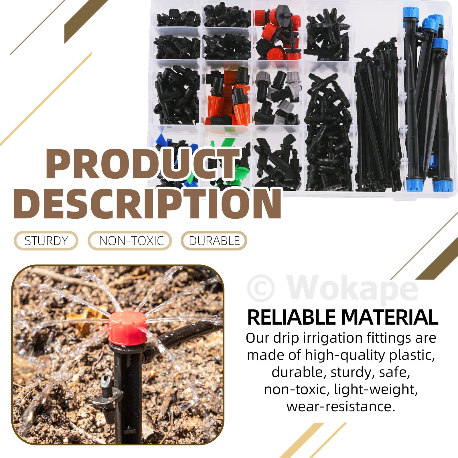 Wokape 240Pcs Drip Irrigation Kit Garden Watering System, Auto Micro Barbed Connectors Irrigation Fittings Kit for Pot Garden Lawn