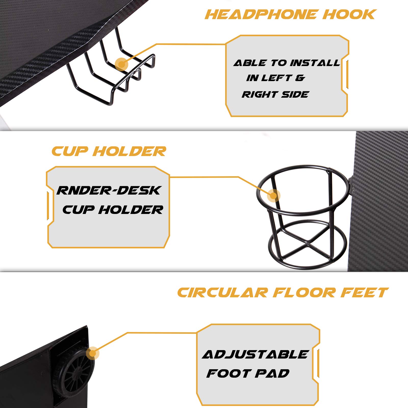 Polar Aurora Y-Shaped Gaming Desk 41.6" W x 24" D Home Office Computer Table, Black Gamer Workstation with Monitor Stand, a Cup and Headphone Hook, Cable Management Hole and a Under-Desk Basket(RED)