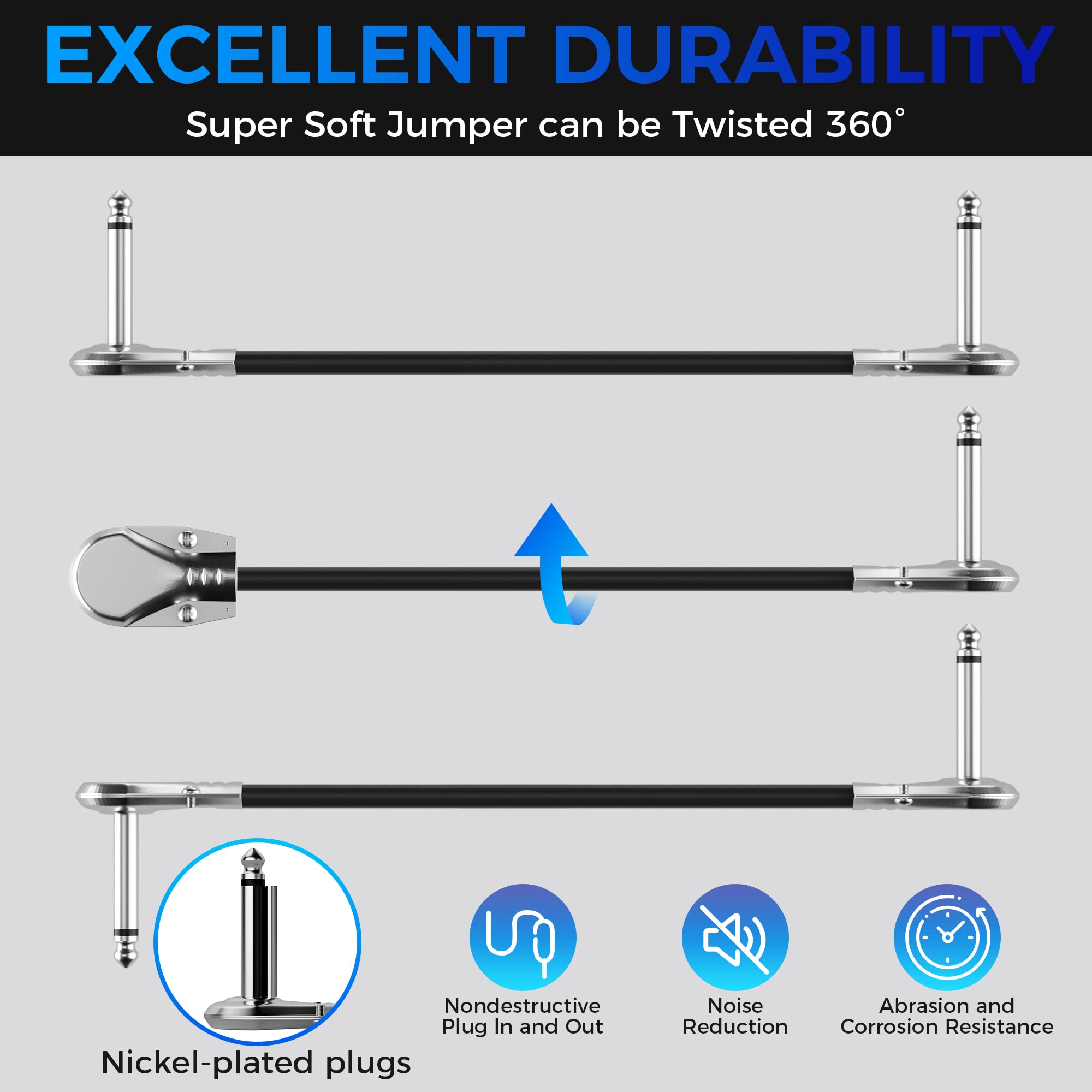 Togconn Guitar Pedal Patch Cable 2 Pack, Short Pedal Board Cord 6.35mm (1/4 inch) Right-Angle Flat Audio Adapter TS Male Connector for Effects Pedals - 6 Inch