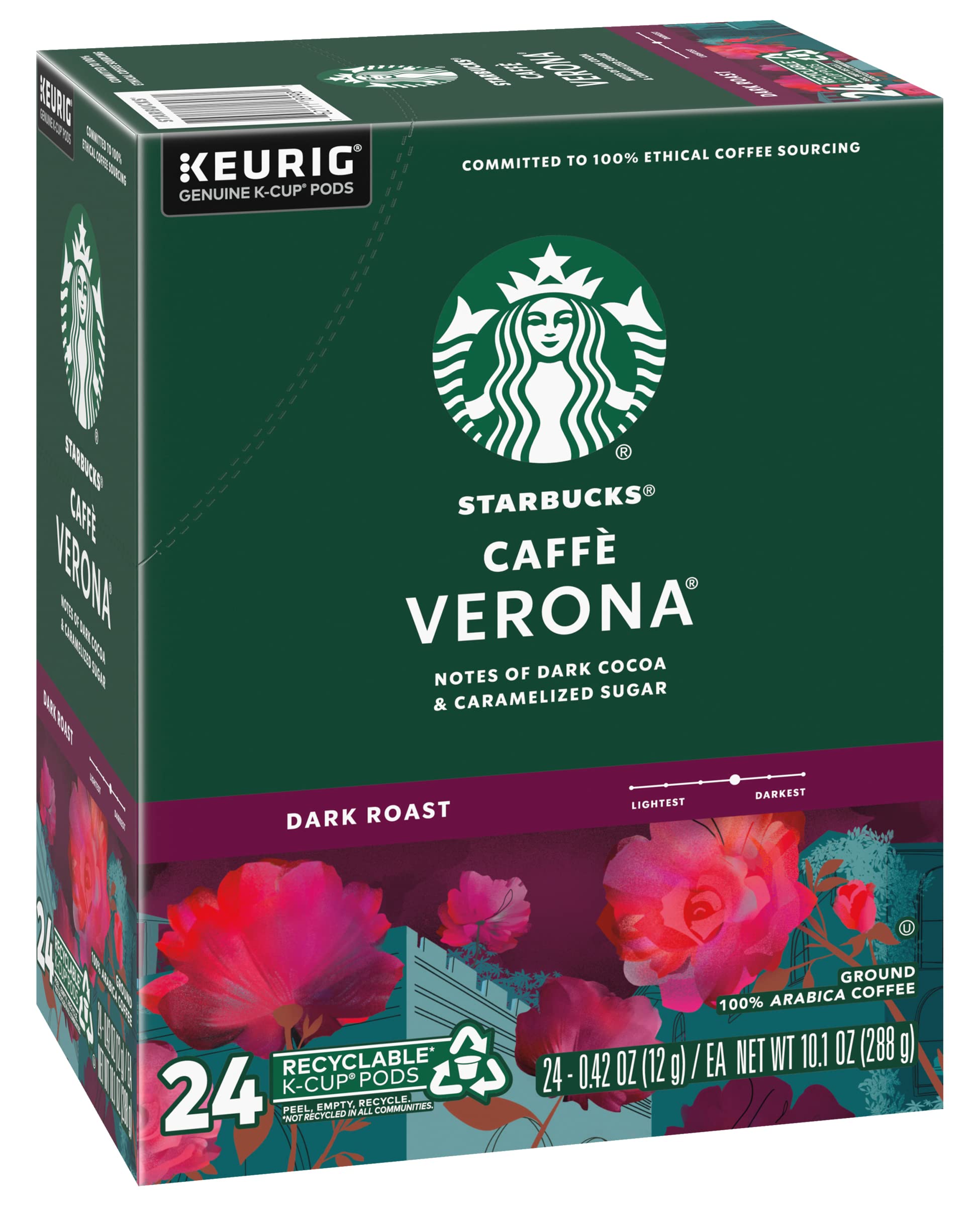 Starbucks Coffee K-Cup Pods, Caffè Verona, Dark Roast Coffee, Notes of Dark Cocoa & Caramelized Sugar, Keurig Genuine K-Cup Pods, 24 CT K-Cups/Box (Pack of 2 Boxes)