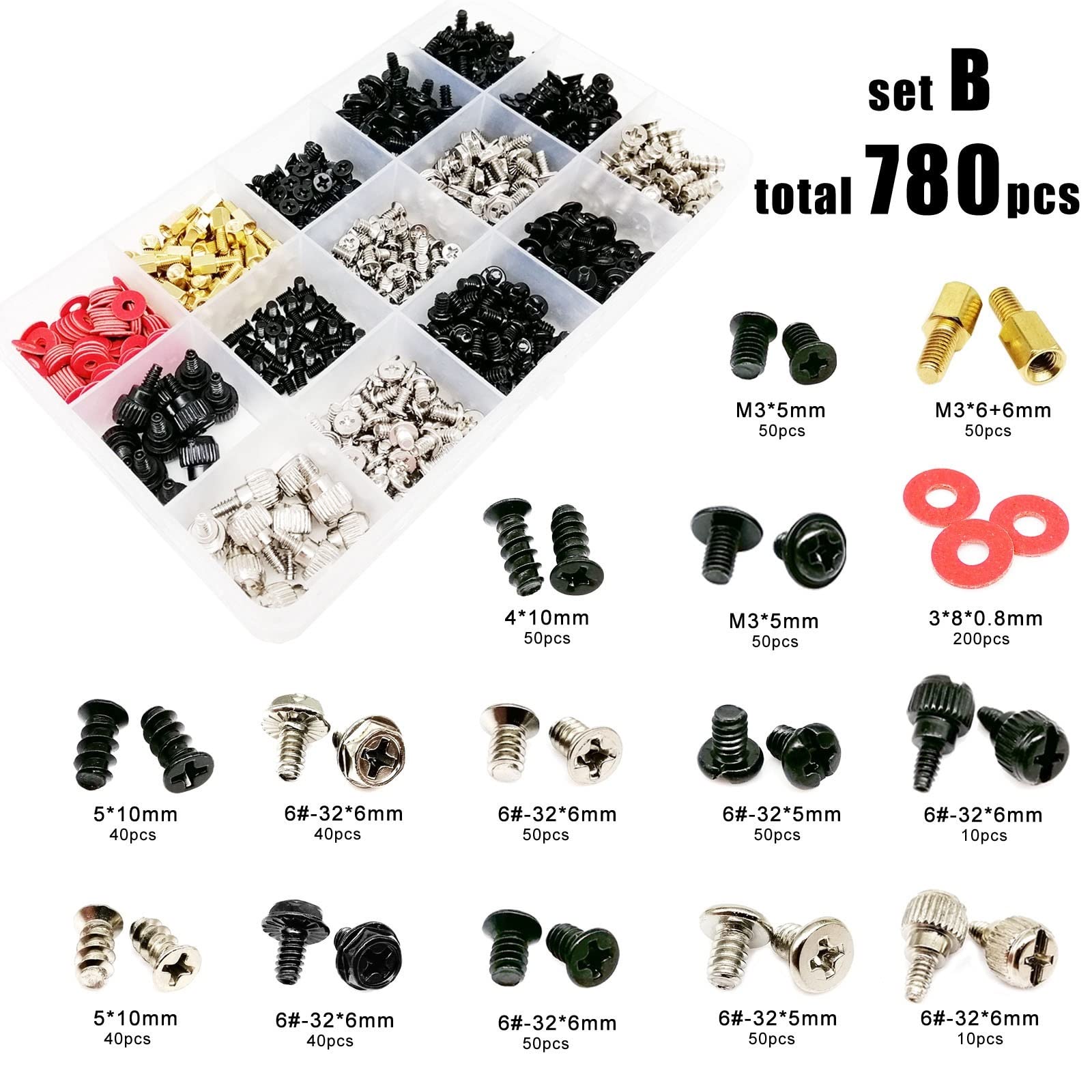 XADITON 305/780pcs Computer PC Case Hard Disk Drive Fan Motherboard Power Supply Server HDD PSU PCI Mount Repair DIY Screw Bolt Kit Set (Color : Set A 305pcs)