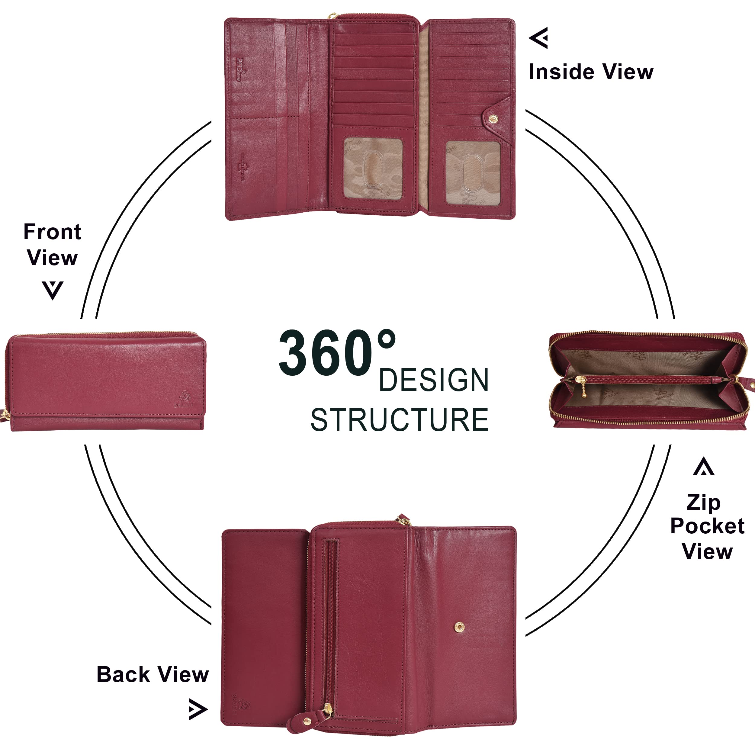 Womens Leather Wallet Rfid Blocking Zip Around Clutch 2 ID Window With 32 Slots | Real Smooth Genuine Leather Wallet | Multiple Card Holder | Compact Premium Best Handmade Gift | Burgundy