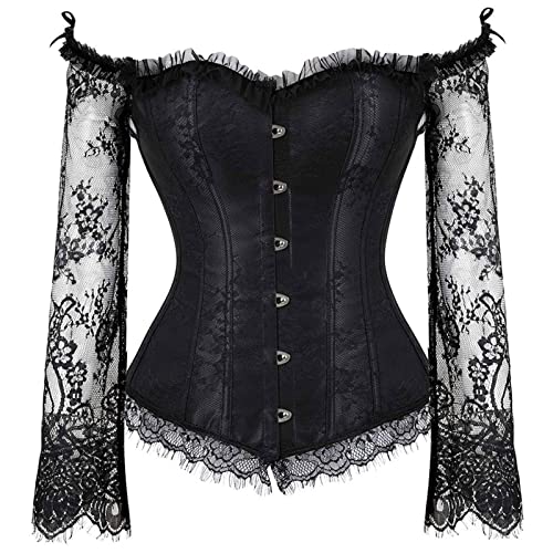 Womens Long Sleeve Gothic Dress with Corset Halter Lace Swing Victorian Princess Dresses Off Shoulder High Low Skirt Black