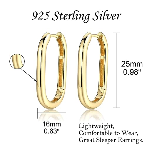 SILBERTALE Rectangle Hoop Earrings 925 Sterling Silver Gold Plated Paperclip Huggie Hoops U Link Earrings for Women
