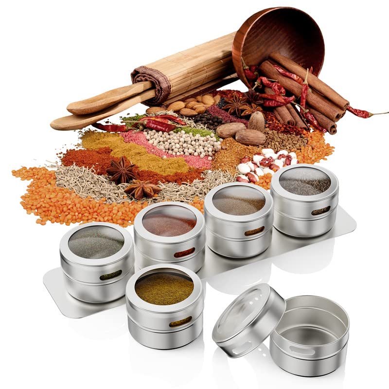 Vetacsion Set of 8 Magnetic Spice Tins with 2 Metal Wall-Plates,100 Preprinted Seasoning Label Stickers,2 Styles for 3 oz Herb Jars