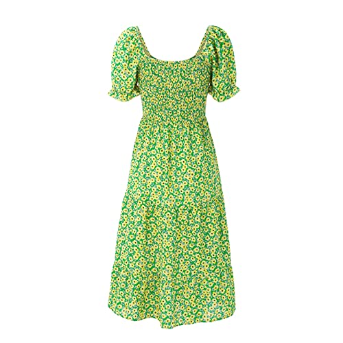 Womens Midi Skirt with Slit Flowy Summer Floral Print Scoop Neck Dress Casual Boho Short Sleeve Smocked Split Swing