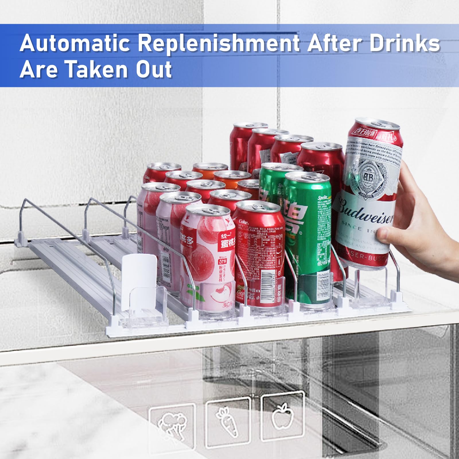 Nisorpa Drink Organizer For Fridge Dispenser, 5 Rows Soda Can Dispenser Water Bottle Organizer For Refrigerator Automatic Beverage Dispenser Pusher Glide Width Adjustable Beer Dispenser for Fridge