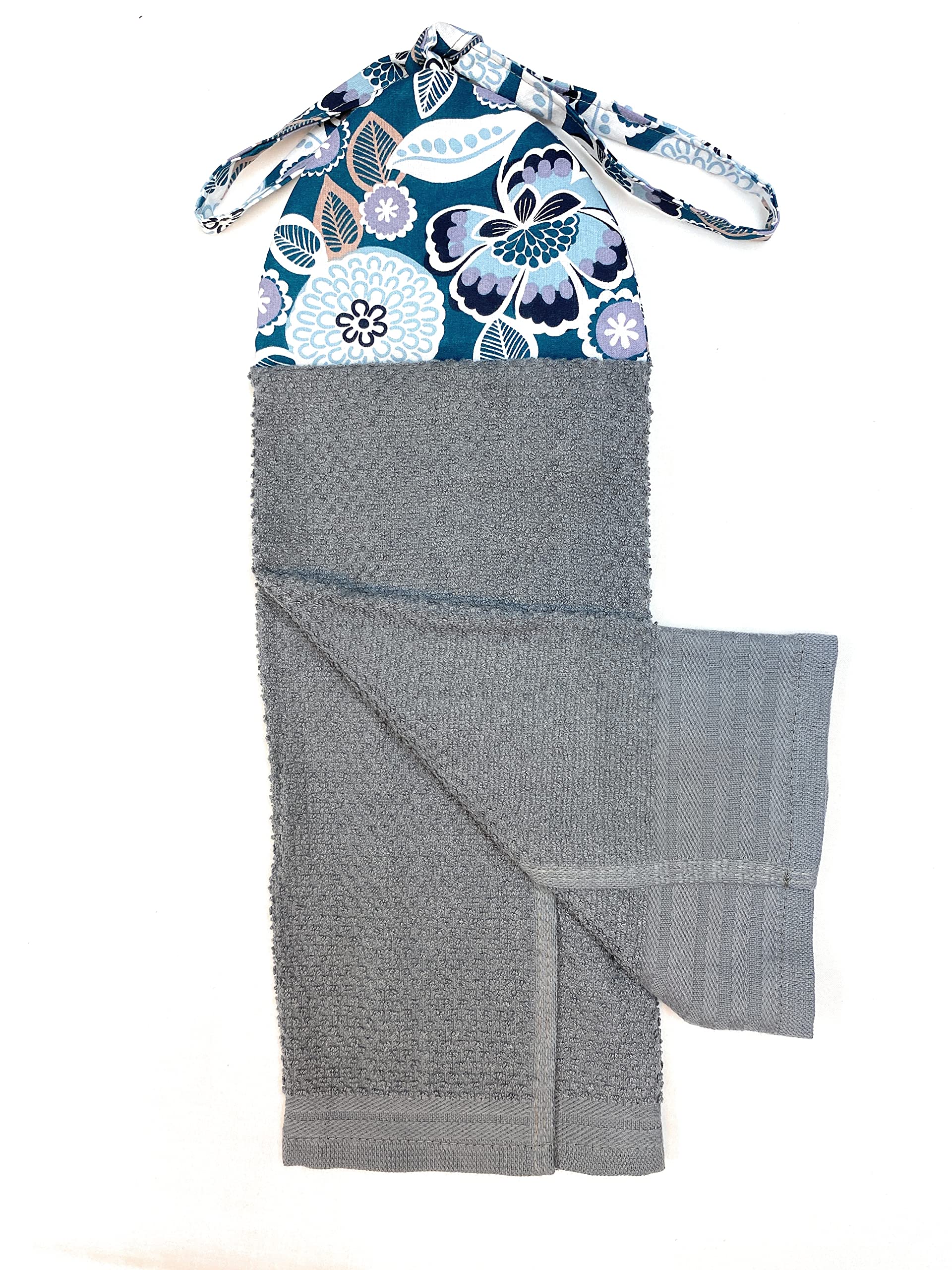 Teal Gray Grey White Flowers Ties On Stays Put Grey Kitchen Bathroom Hanging Loop Hand Dish Towel