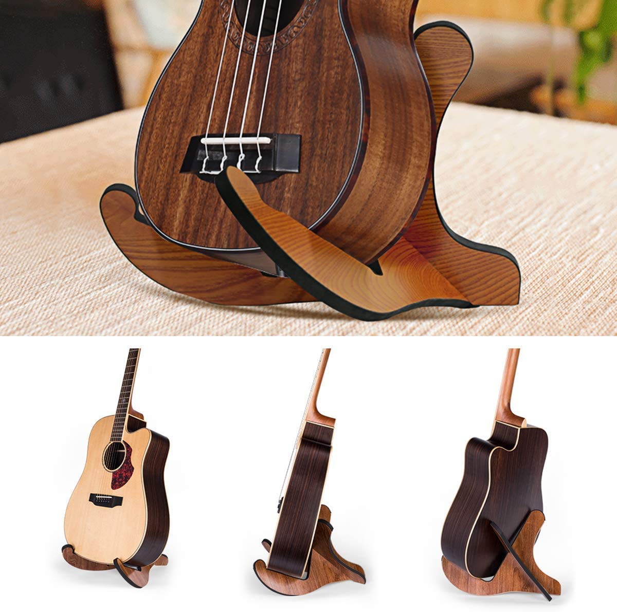 Ukulele Stand, Portable Ukulele Holder with Soft Edge, Wooden X-Frame Sturdy Instrument Stand with Strap, Capo and Strings for Ukulele and Violins