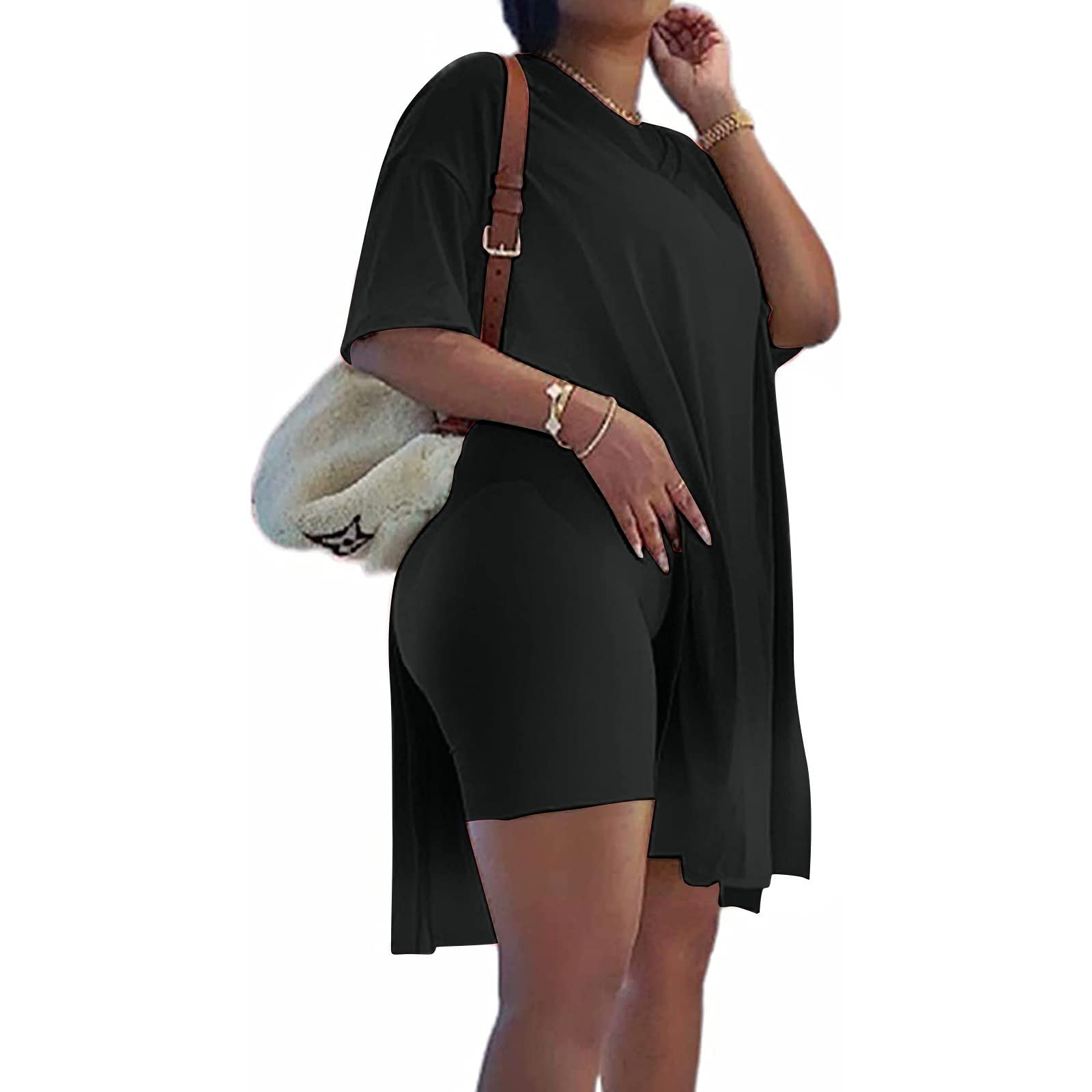 Womens Plus Size 2 Pieces Outfits Summer Side Split Tops Yoga Jogger Shorts Jumpsuits Workout Tracksuit Sets