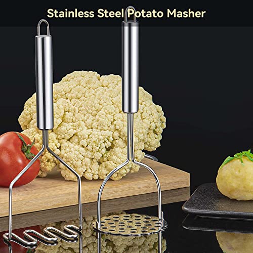 VOOVAO 2 Pcs Potato Masher, Heavy Duty Stainless Steel Integrated Masher Kitchen Tool Wire Masher for Potatoes, Avocados, Beans, Fruit & Vegetables
