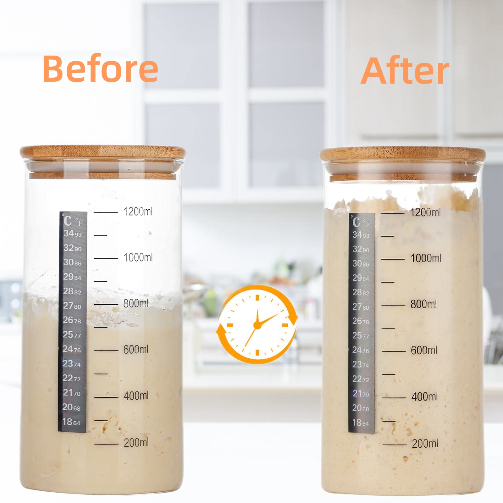 MFANBLAS Sourdough Starter Jar, 40oz Wide Mouth Sour Dough Starter Container with Thermometer, Scraper, Bamboo Lid & Cloth Lid, Sourdough Starter Kit as Sourdough Bread Baking Supplies