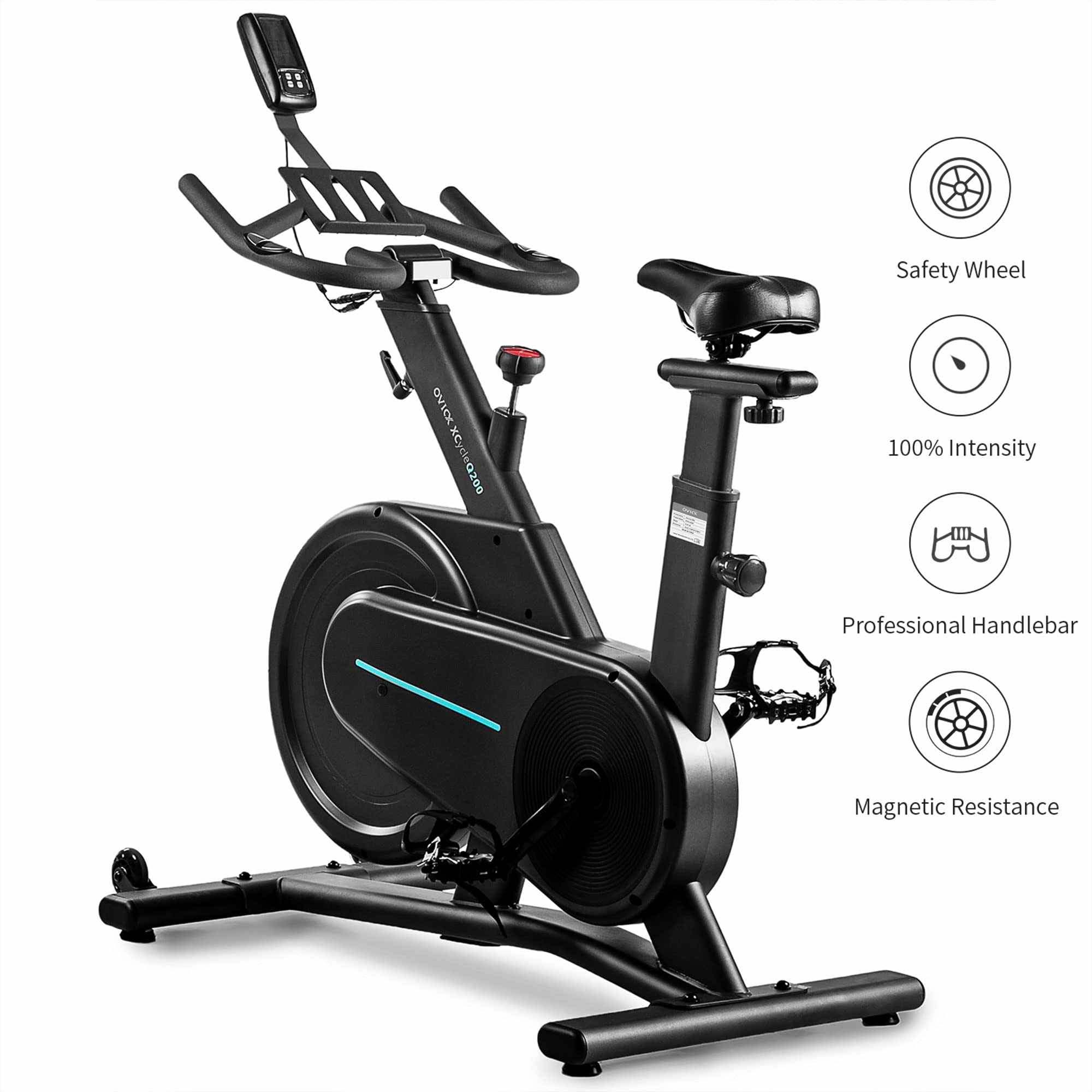 OVICX Q200C Comfortable Home Workout Exercise Bike with Customizable Seat & Bullhorn Handlebars, Digital LCD w/Real Time Stats, & No Slip Cage Pedals Black