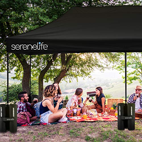 SereneLife Pop Up Tent Commercial Instant Shelter - Waterproof Polyester Tent with Portable Wheeled Carry Bag and Sand Bag, 10 x 20 ft. (Black)