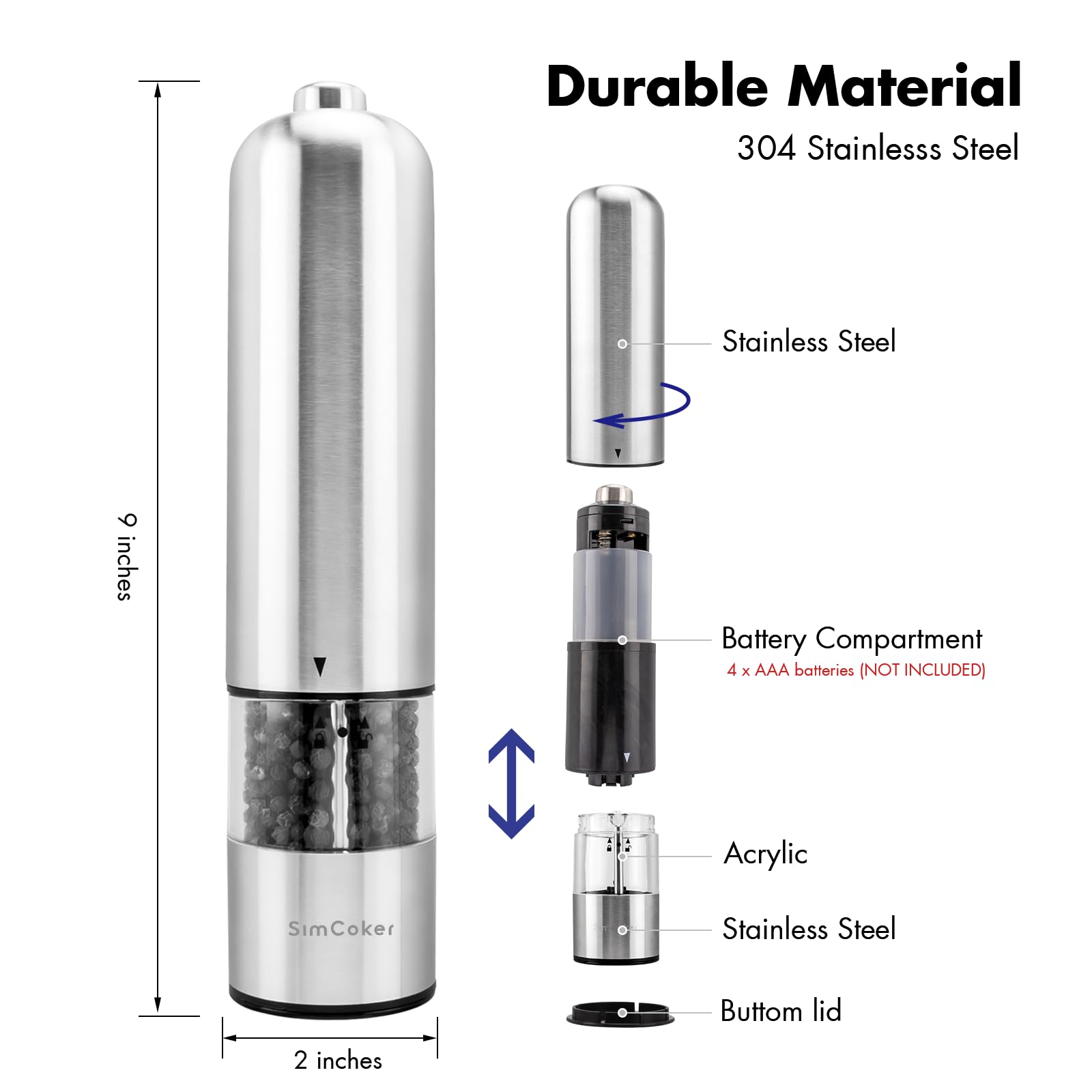 SimCoker Electric Salt and Pepper Grinder Set, Battery Operated Stainless Steel Pepper Grinder Mill Electric with Light, Automatic One Handed Operation, Adjustable Coarseness, Ceramic Grinder, 2 Pack