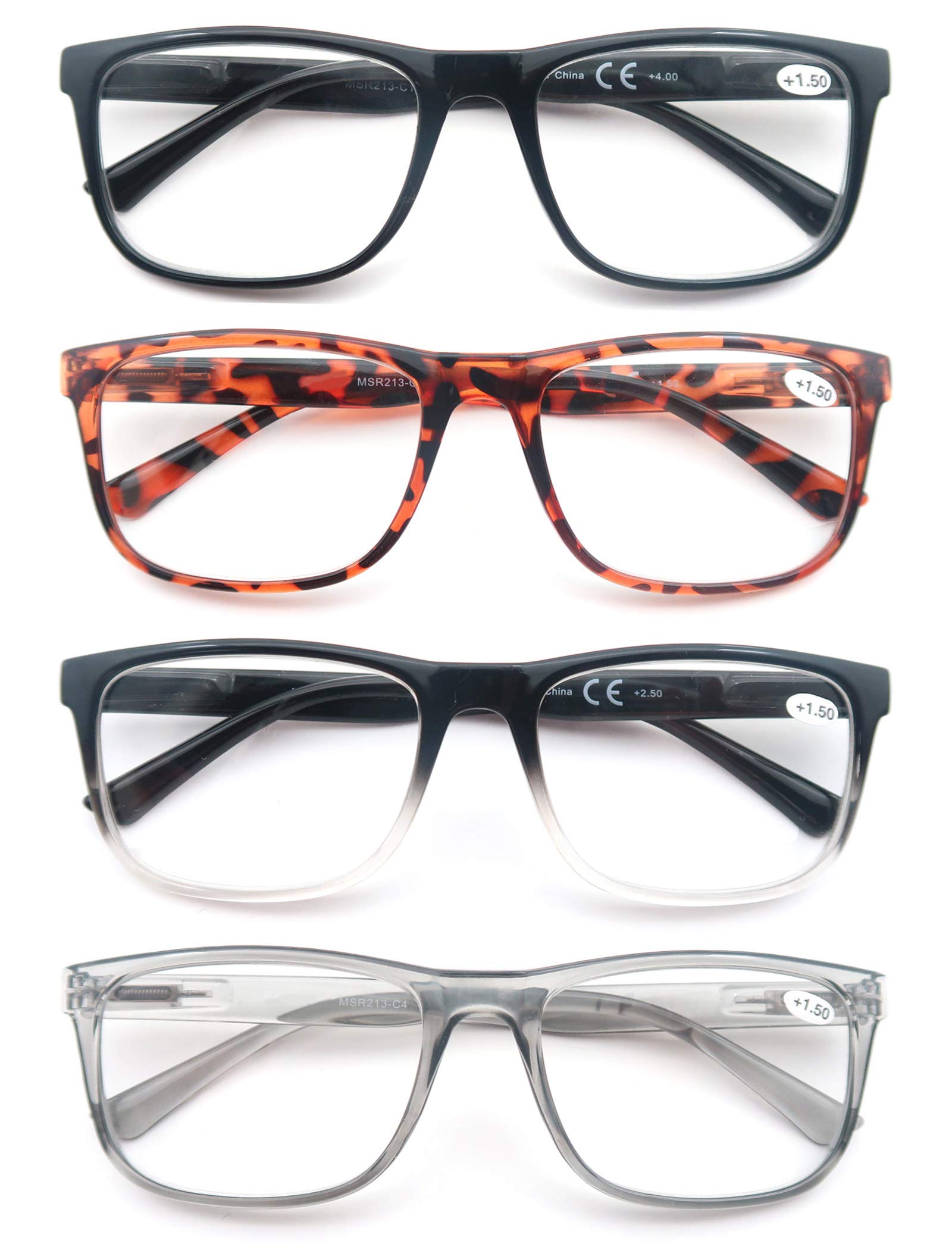 OLOMEE Reading Glasses 1.75 Oversized Large Square Men Readers 4 Pack,Comfort Lightweight Eyeglasses Flexible Spring Hinge