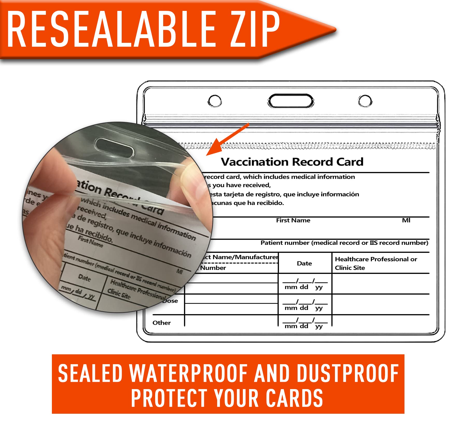 SUIXINFARO Waterproof Vaccination Card Protector, 10 Pack Plastic ID Holder for Card, Clear Sleeves with Hole Slots Lanyards, Vax Document Holders Resealable Zip, PVC - 4.25''x3'', Transparent