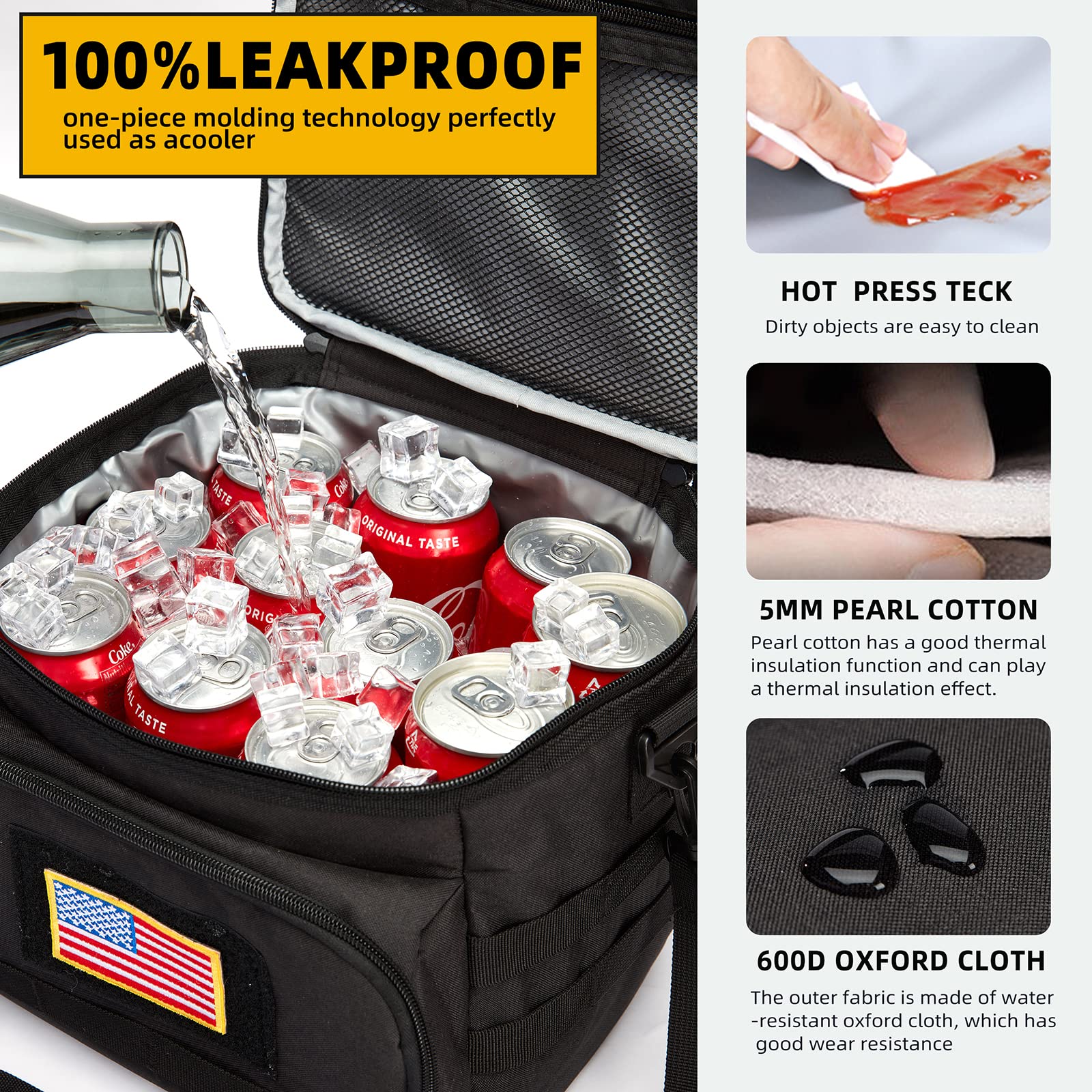 UMUFUKA Lunch Box for Men, Tactical Lunch Cooler Tote,Insulated Lunch Bag Adult, With Detachable MOLLE Water Bottle Pouch, Men Leakproof Lunch Bag for Work Picnic (Black)