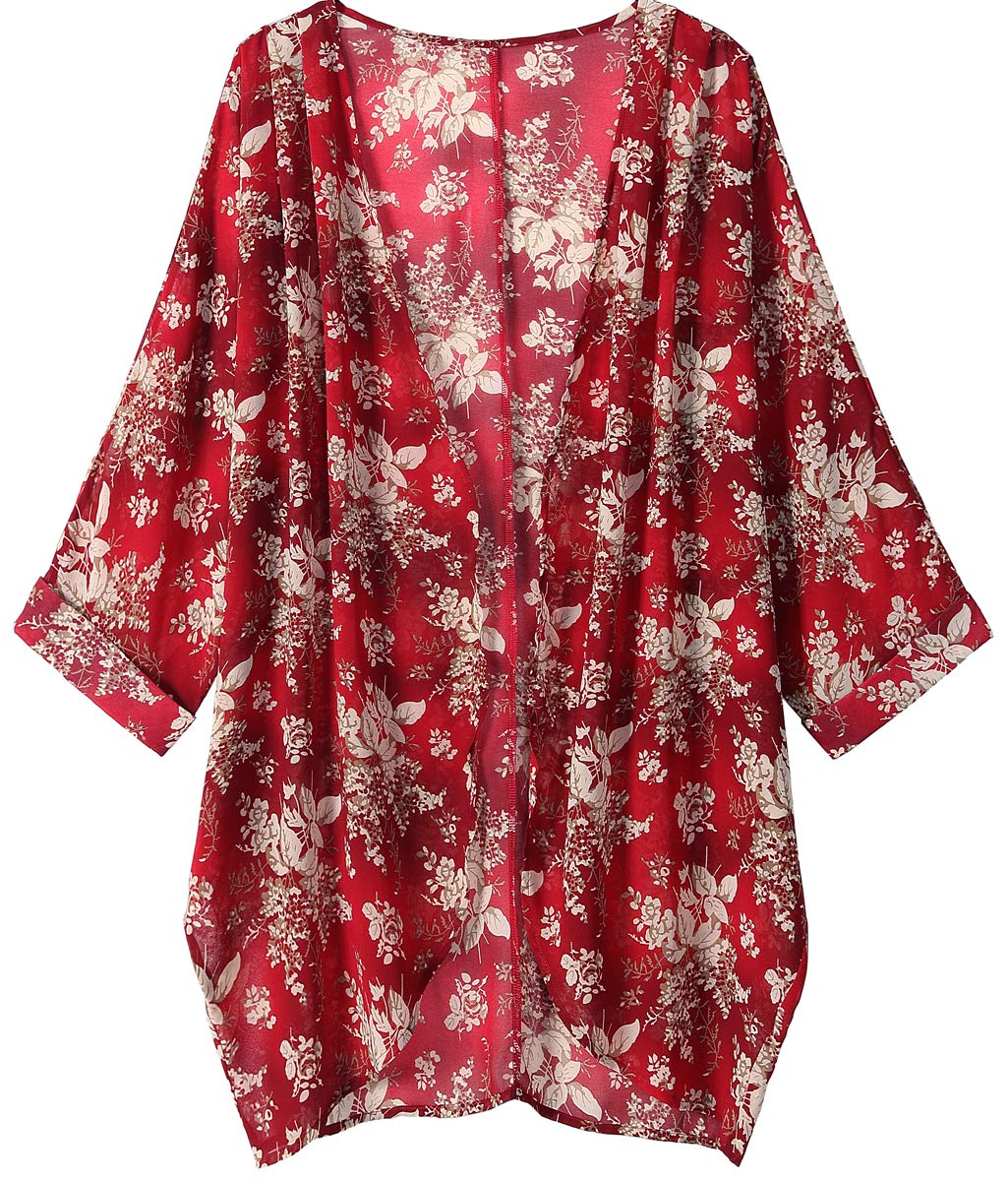 olrain Women's Floral Print Sheer 3/4 Sleeve Chiffon Duster Plus Size Kimono Cardigan Capes (Large, Red Floral)