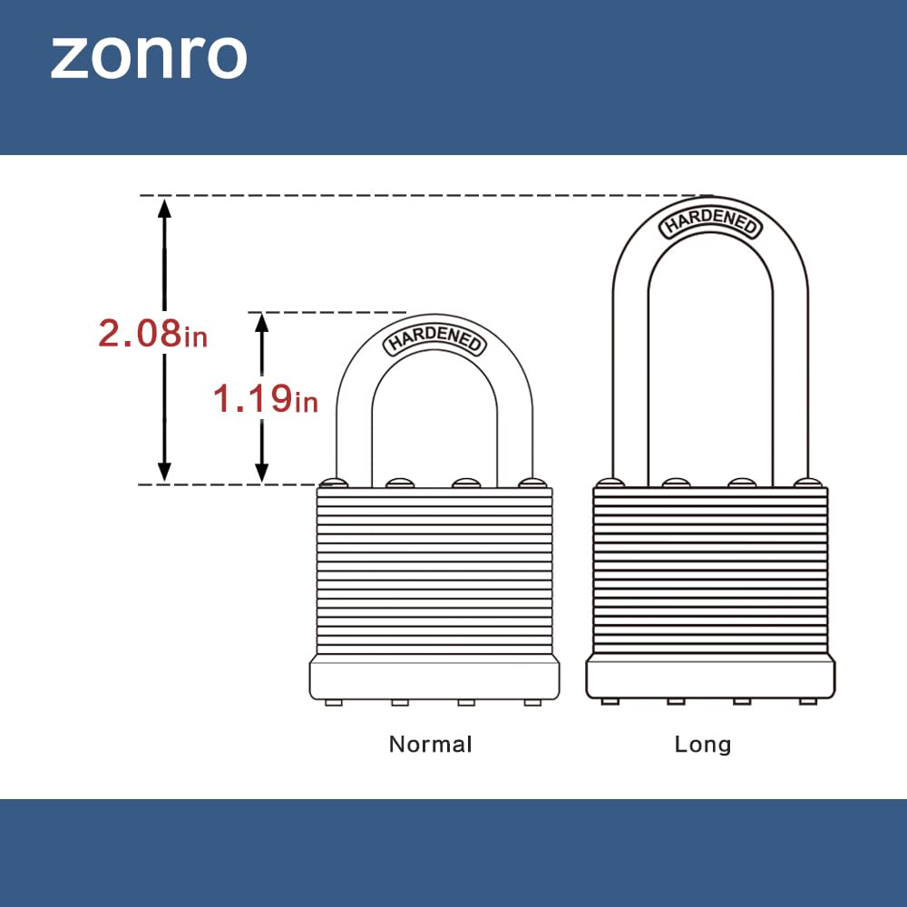 ZonRo Locks Laminated Steel Keyed Padlocks Keyed Alike Locks, Long Shackle Padlocks, for Hasp Latch, Sheds, Fences, Storage Locker, School, Gym,Pack of 6