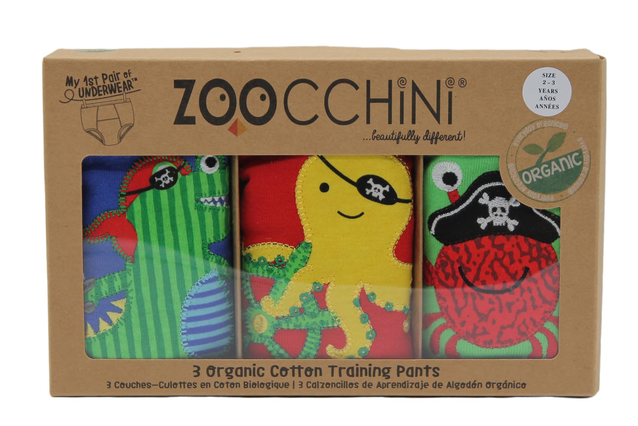 ZOOCCHINI Potty Training Pants Unisex, Organic, Pirate Character, Absorbent, Soft and Comfortable Training Underwear for Boys 2-3Years (Pack of 3)