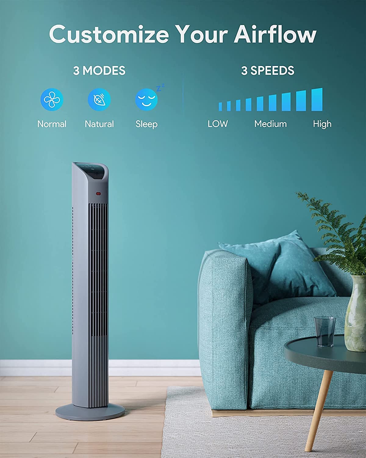 Tower Fan with Remote, Oscillating Fan Features 3 Modes 3 Speed, 75° Oscillation Standing Fans, Auto-off Backlight and 12H Timer, Portable Floor Bladeless Fan for Bedroom, Home and Office, Gray