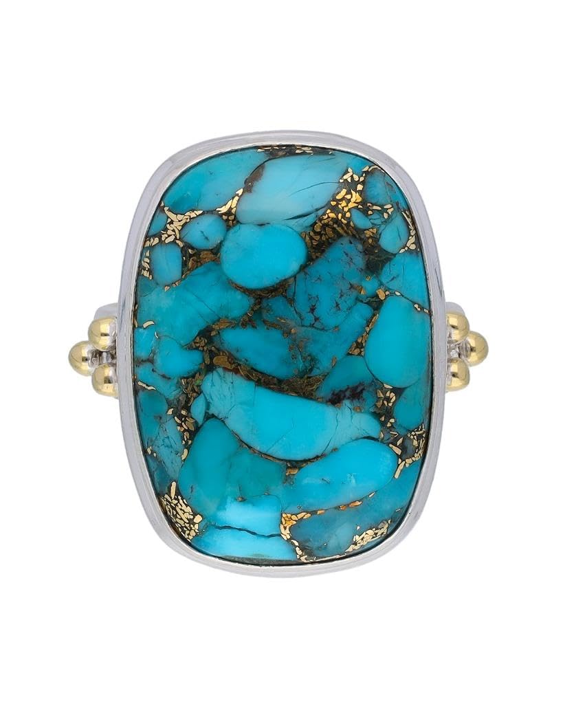 YoTreasure Blue Copper Turquoise Statement Ring 925 Sterling Silver with Brass Accents