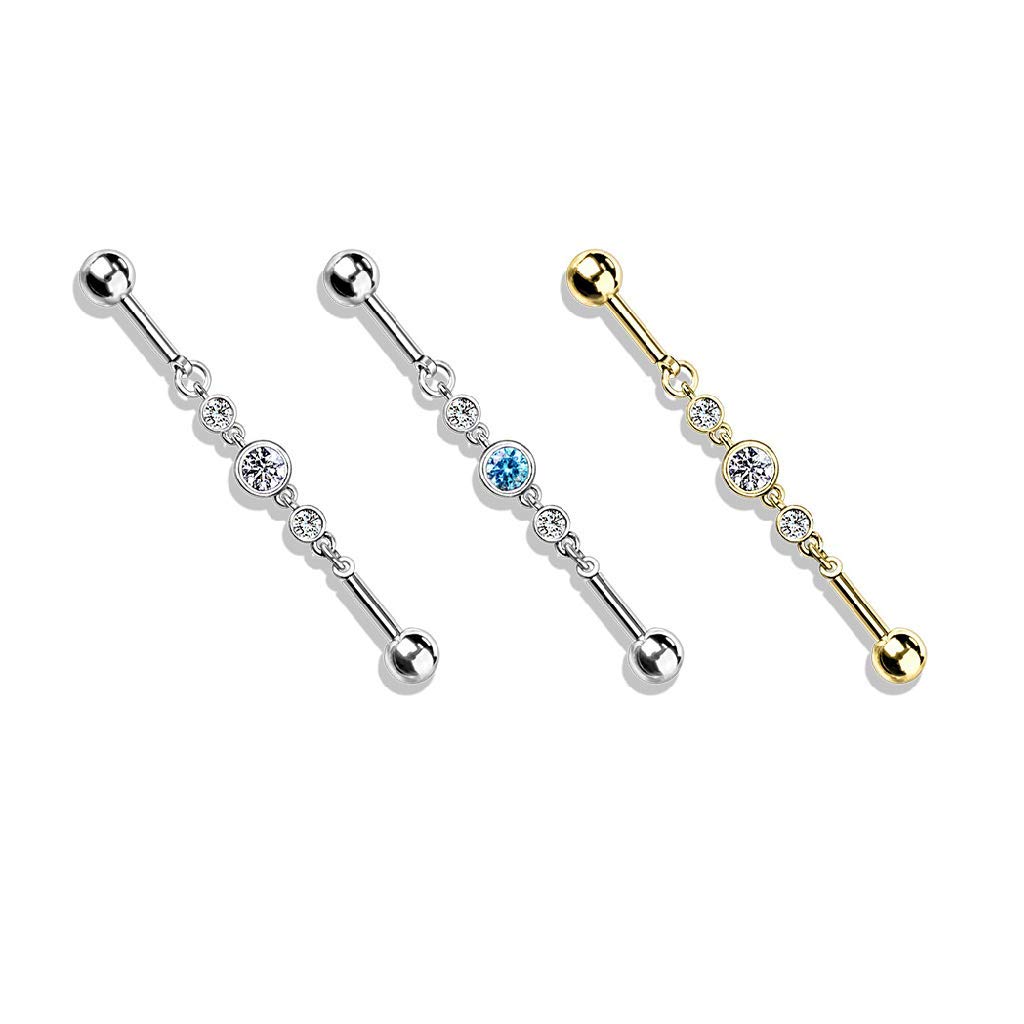 Pierced Owl 14GA Triple CZ Rounds on a Chain 316L Surgical Stainless Steel Industrial Barbell for Cartilage (Gold tone/Clear)