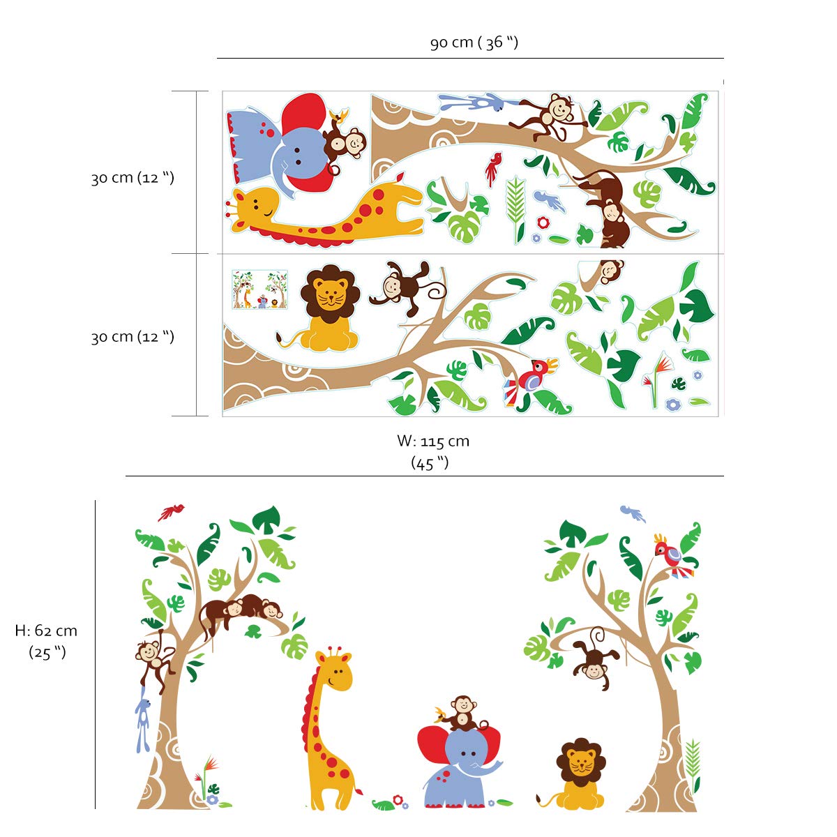 Runtoo Jungle Animals Tree Wall Decals for Nursery Baby Kids Bedroom Monkey Giraffe Elephant Wall Stickers Adventure Wall Décor