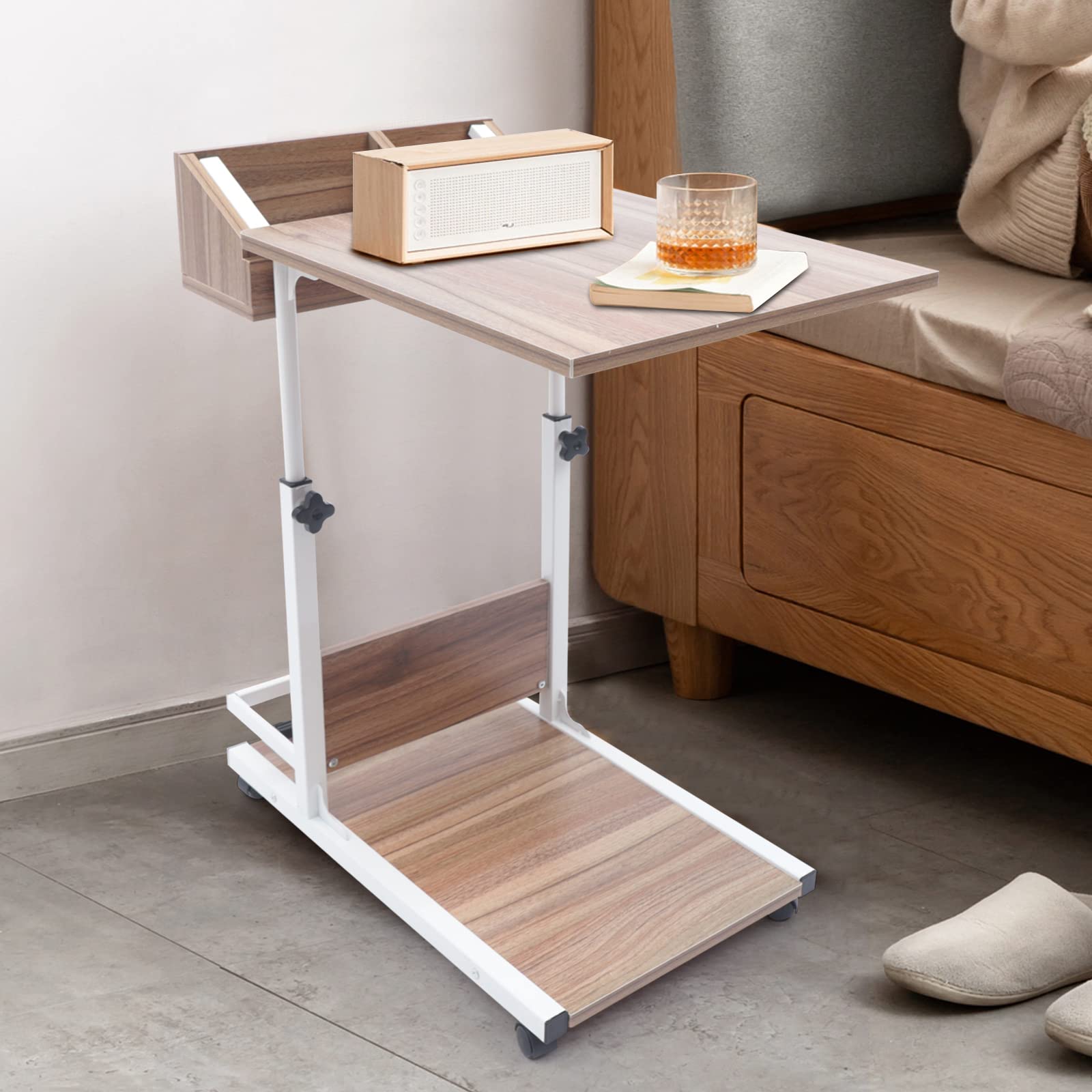 MhdunueSK C Shaped End Table with Lockable Universal Wheels,Rolling Sofa Side Table with Storage Wooden Snack Side Table Mobile Couch Table,55-80Cm Adjustable Height Range