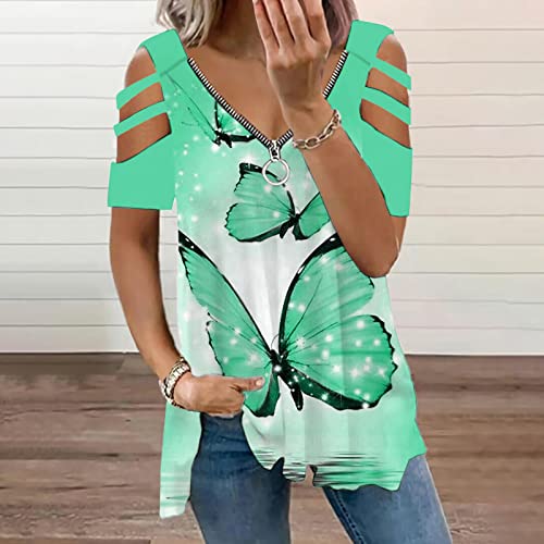 Womens V Neck Zip Off Shoulder Top Butterfly Print T Shirt Short Sleeves
