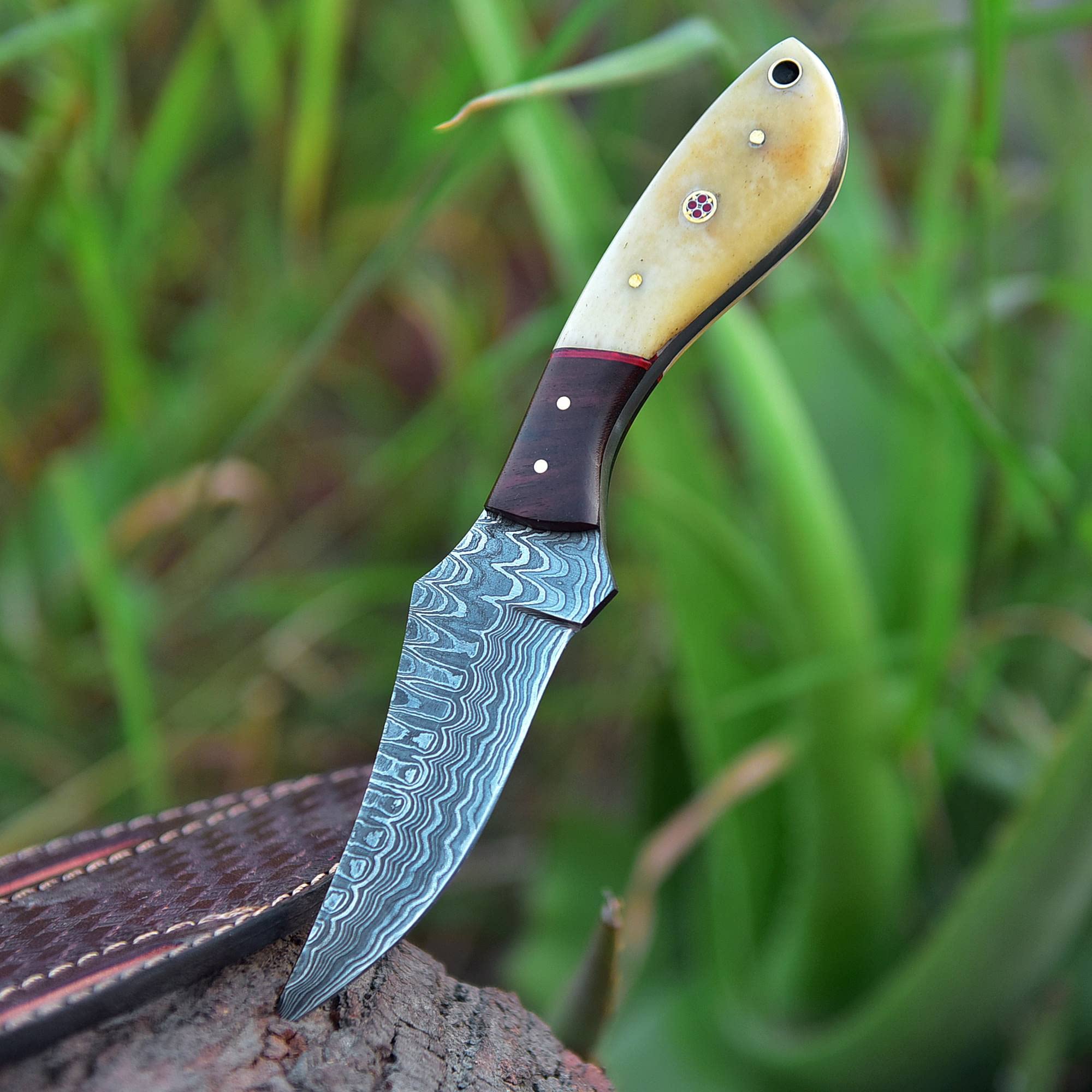 Wolf Craft WOLF CARFT Handmade Damascus Steel Hunting Knife Fixed Blade, Bone & Rose Wood Handle Damascus Steel Knife Skinning Knife With Leather Sheath