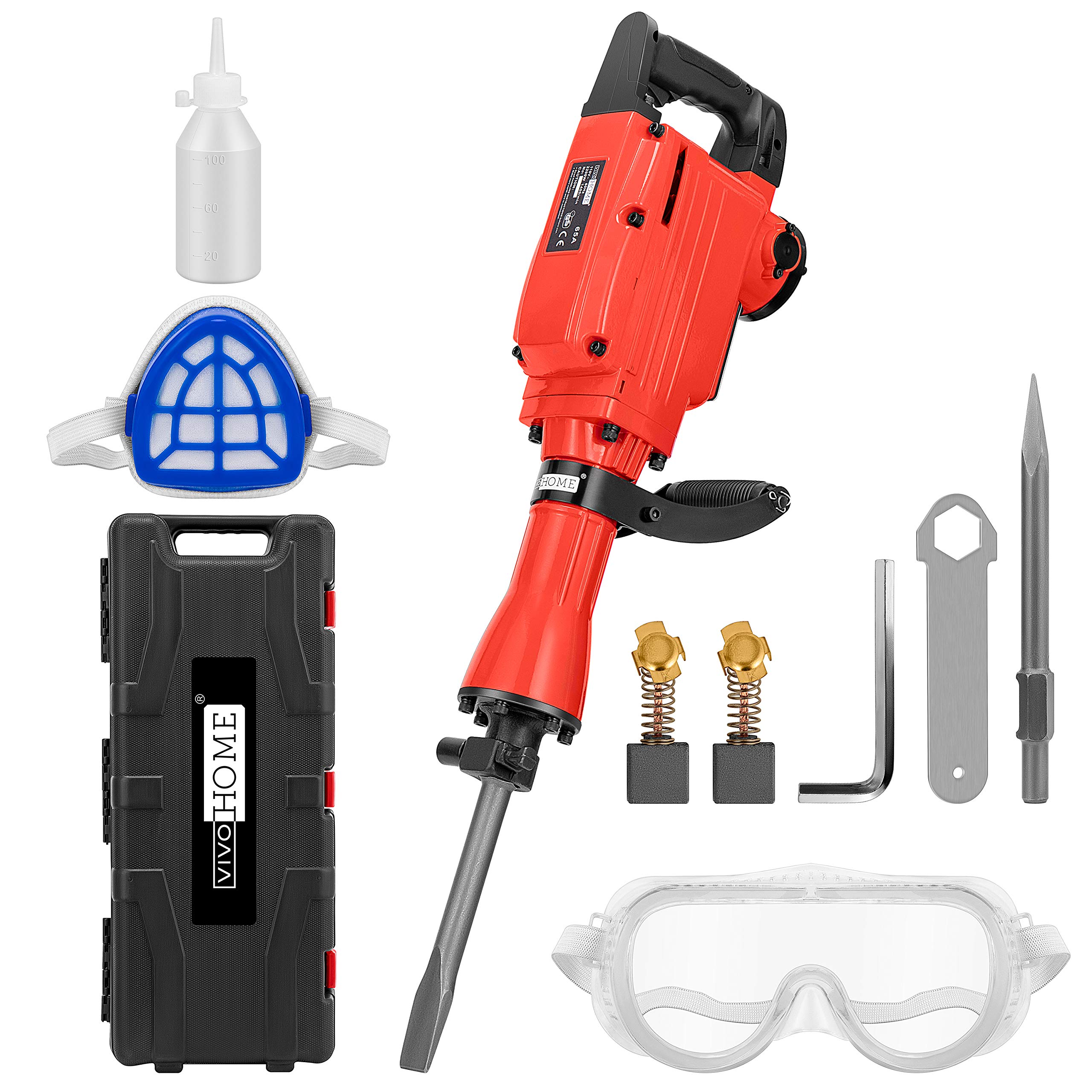 VIVOHOME 2200W 400 RPM Electric Demolition Jack Hammer Heavy Duty Concrete Breaker Drills Kit with Carrying Case Gloves Goggle and Removal tools Red