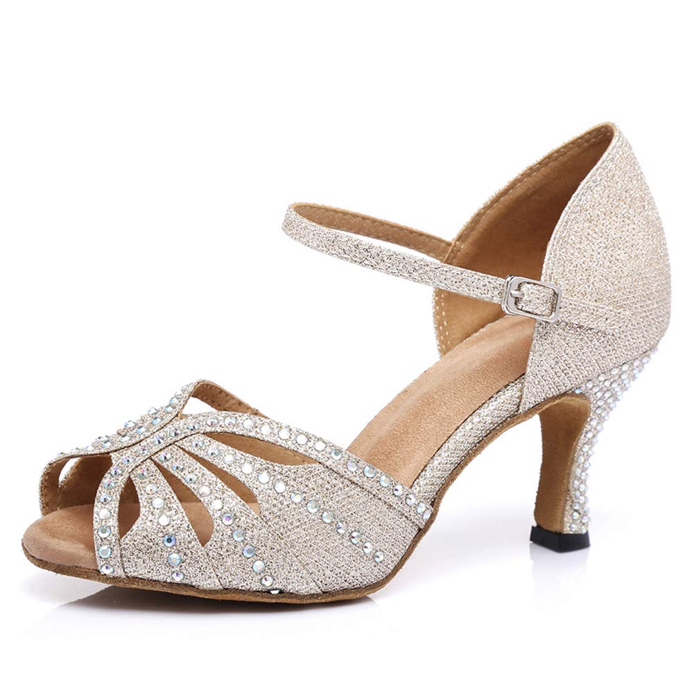 ROGMUJEN Women Latin Ballroom Practice Perfermence Rhinestones Dance Shoes Tango Salsa Party Dress Pump Dance Shoes,Champagne,7US,Ml375
