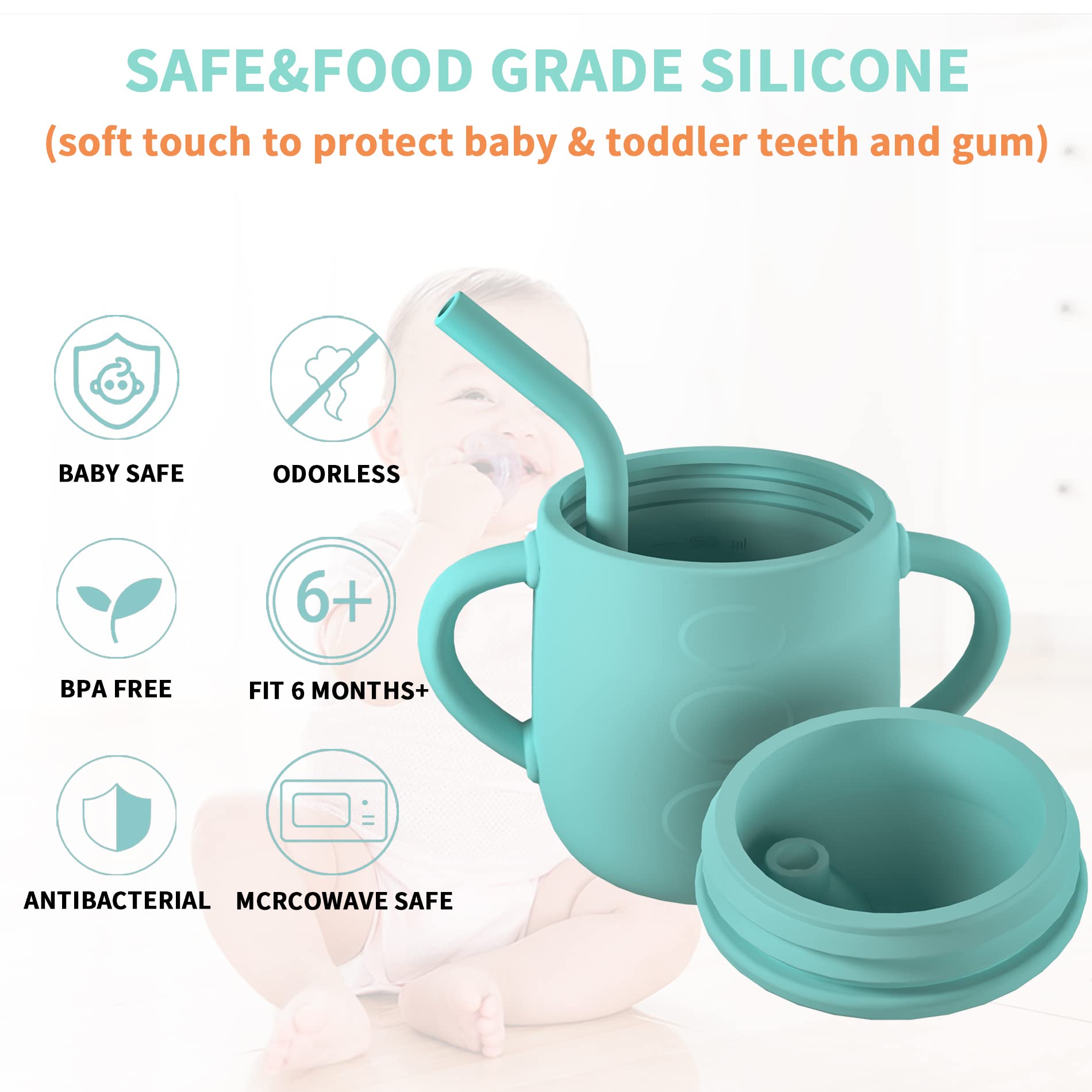 VOTSMOKK Silicone Training Cup for Baby,Spill Proof Toddler Straw Sippy Cups with Handles,Infants Open Cup 5oz,6 months+(SageGreen)