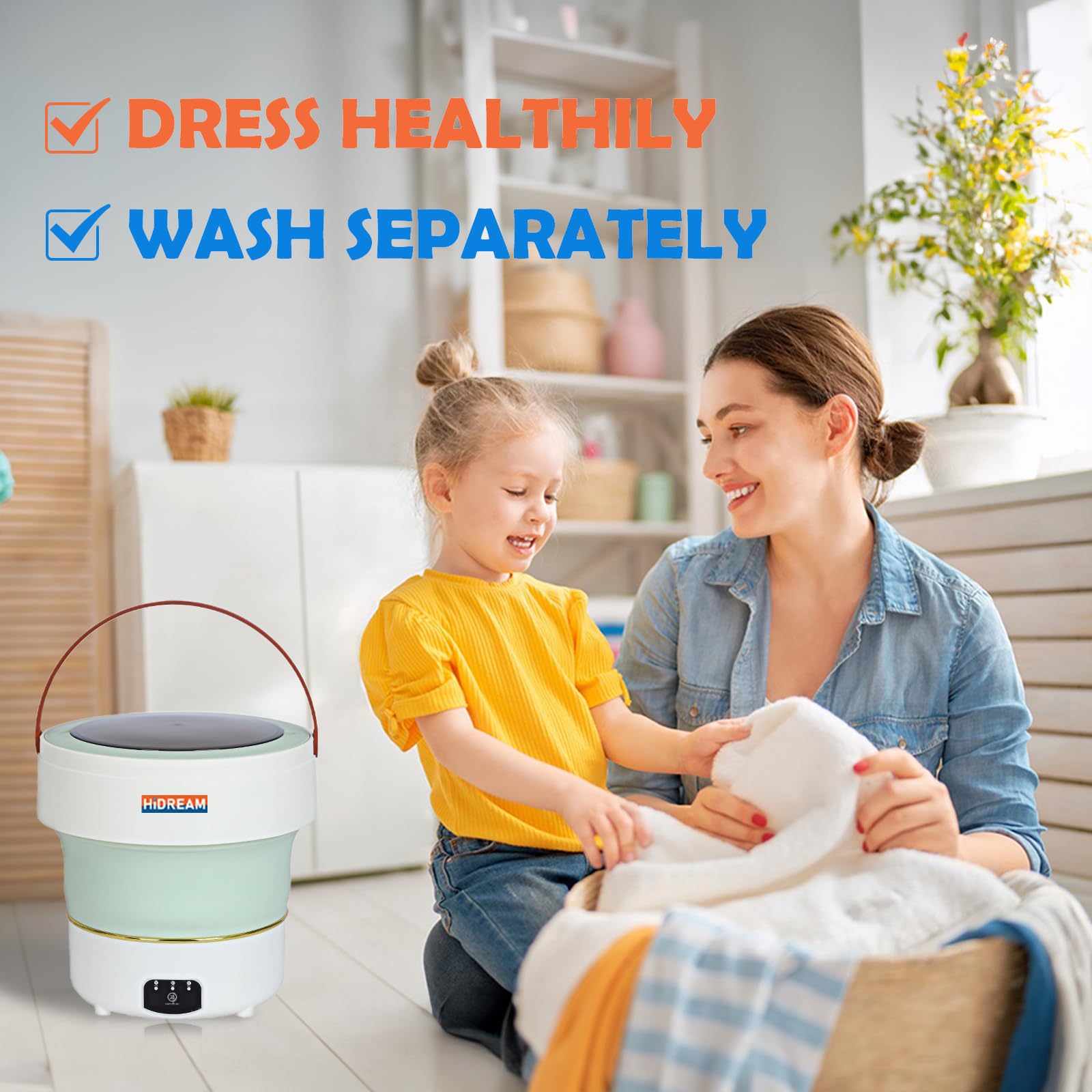 Portable Mini Washing Machine, 9 Litre Large Capacity Mini Washer for Underwear, Foldable Washing Machine with Upgraded Capacity and Round Body for Baby Clothes,Pet Garments or Other Small Items.Green
