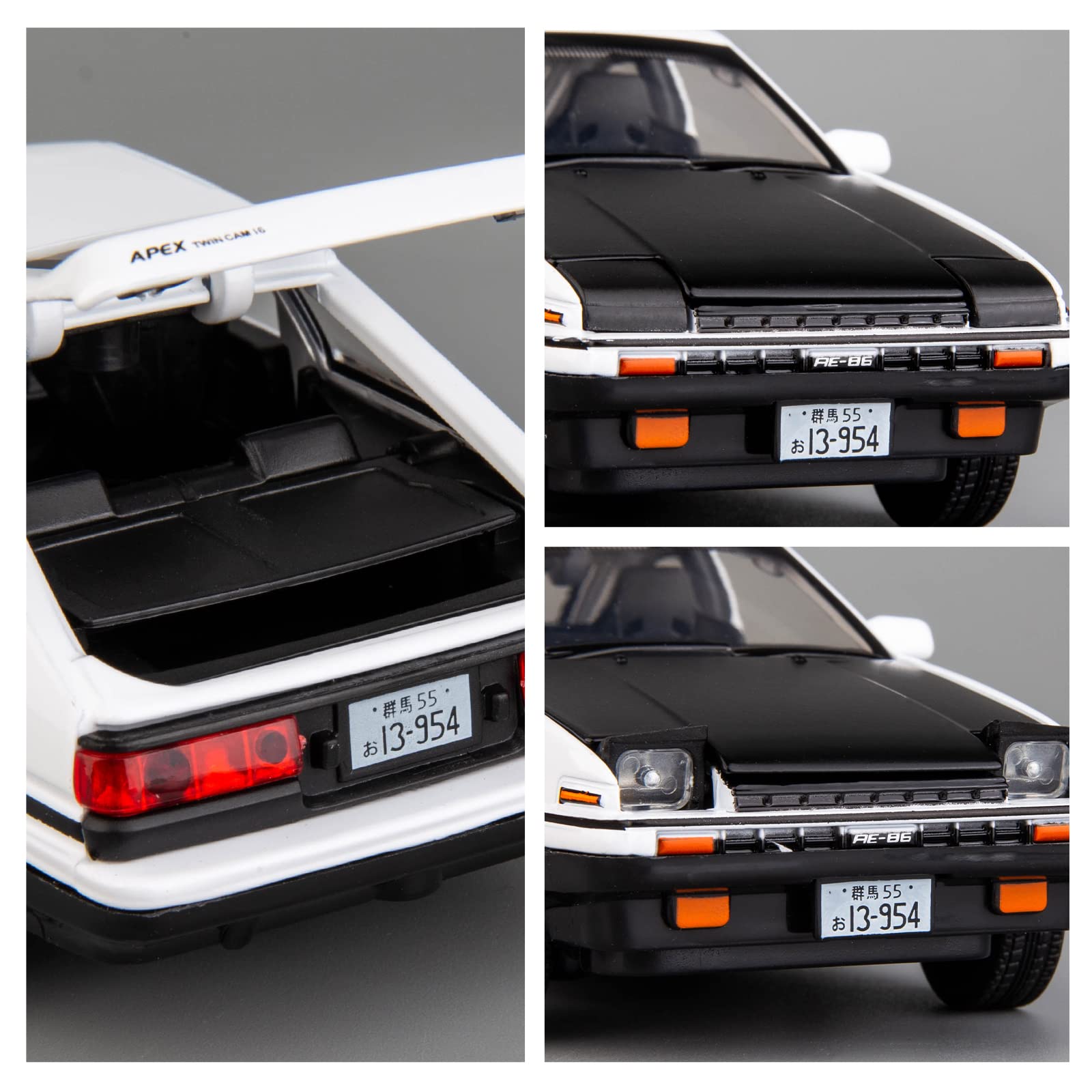 WAKAKAC Initial D AE86 Diecast Car Model Alloy Collectible Pull Back Toy Car with Light and Sound Toy Vehicle Door Can Be Opened(White&Black)