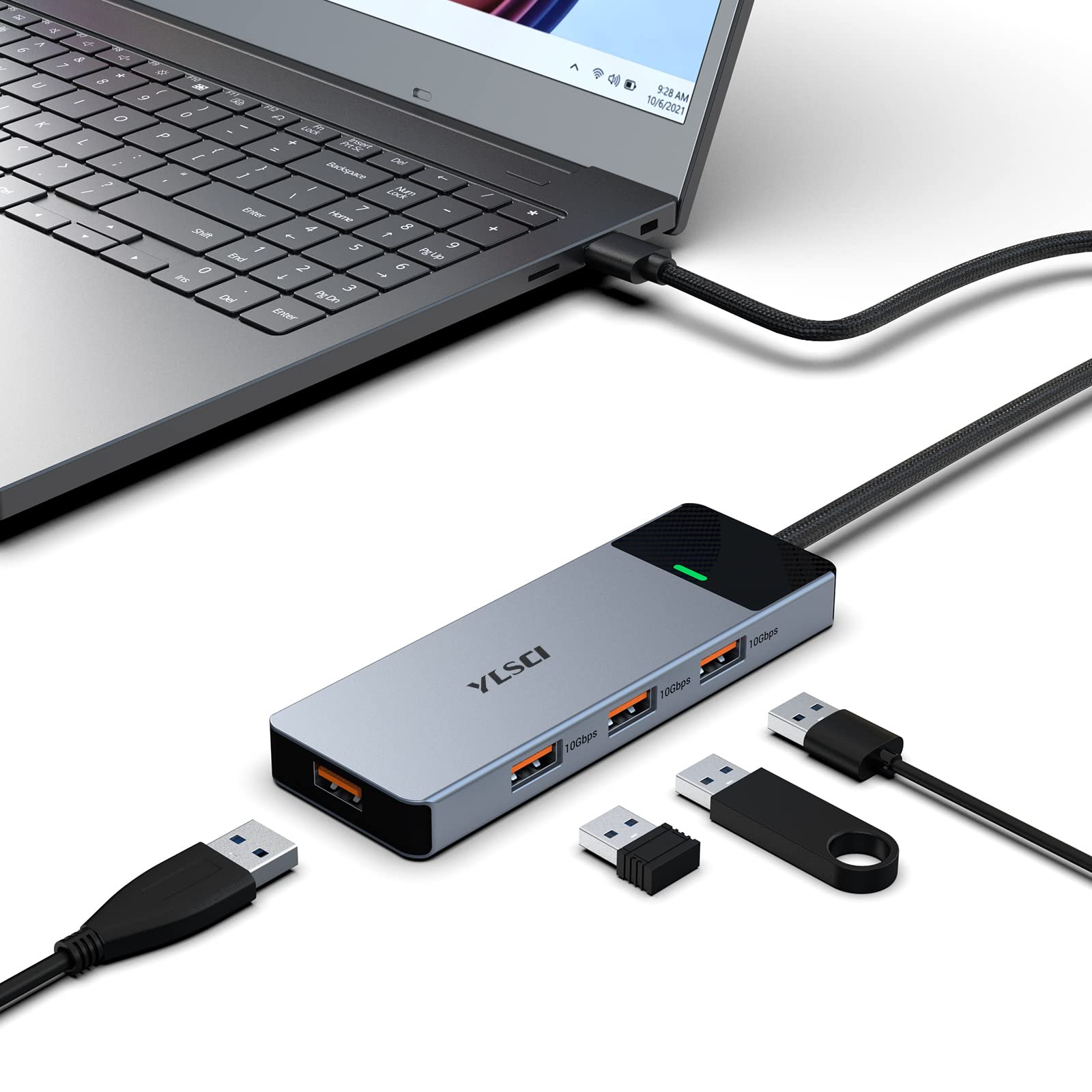 YLSCI USB Hub, 4 in 1 USB Adapter, USB 3.2x4 (10Gbps), USB Splitter Multiport Adapter, Compatible with Smartphones, laptops and Other USB Devices