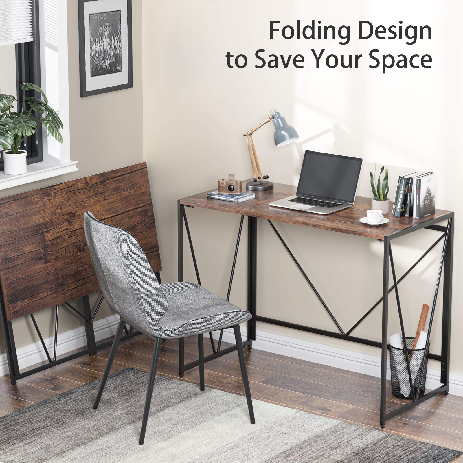 NOBLEWELL 39 inch Grained Brown Folding Computer Desk Table for Home Office